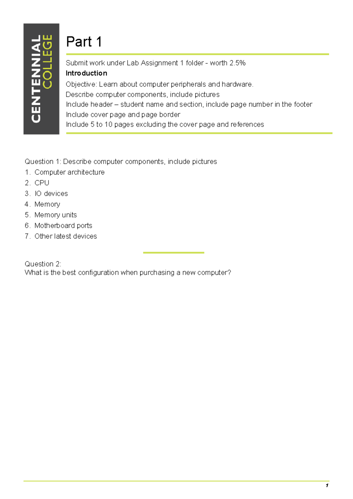 Lab 1 Computer Part 1 Submit Work Under Lab Assignment 1 Folder Worth 2 Introduction