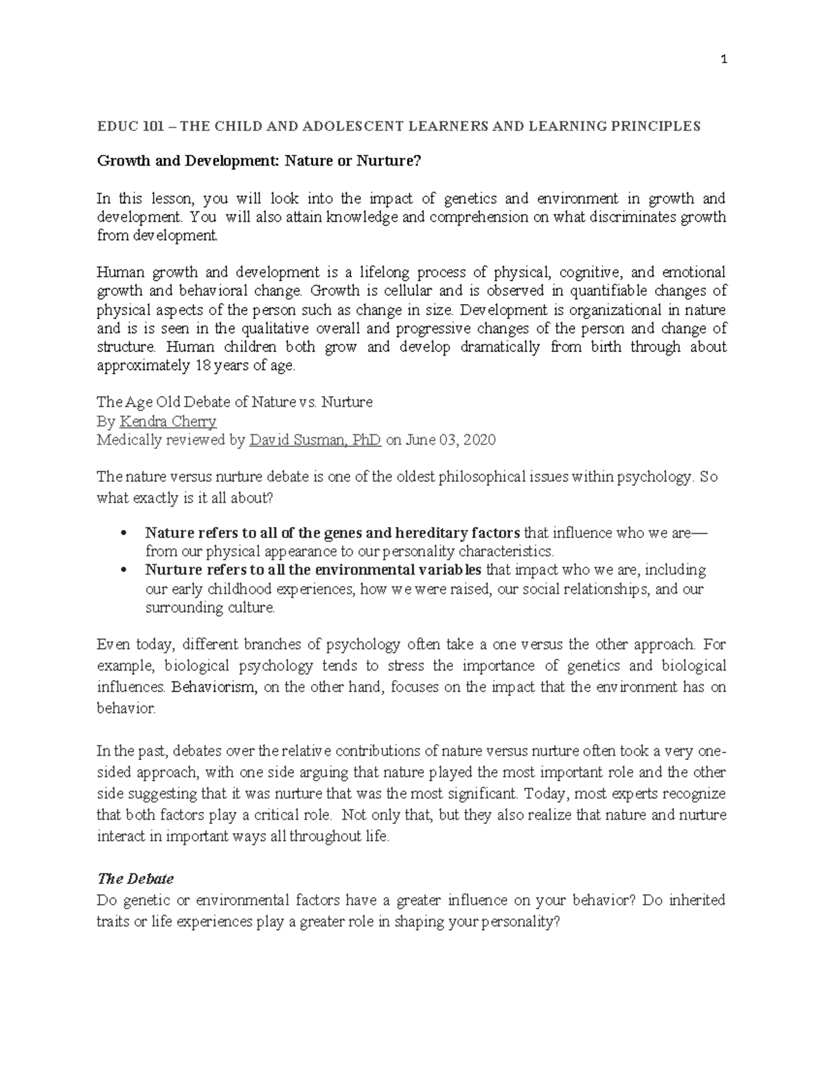 Educ 101 Module 1 Lesson 1B - EDUC 101 – THE CHILD AND ADOLESCENT LEARNERS AND LEARNING ...