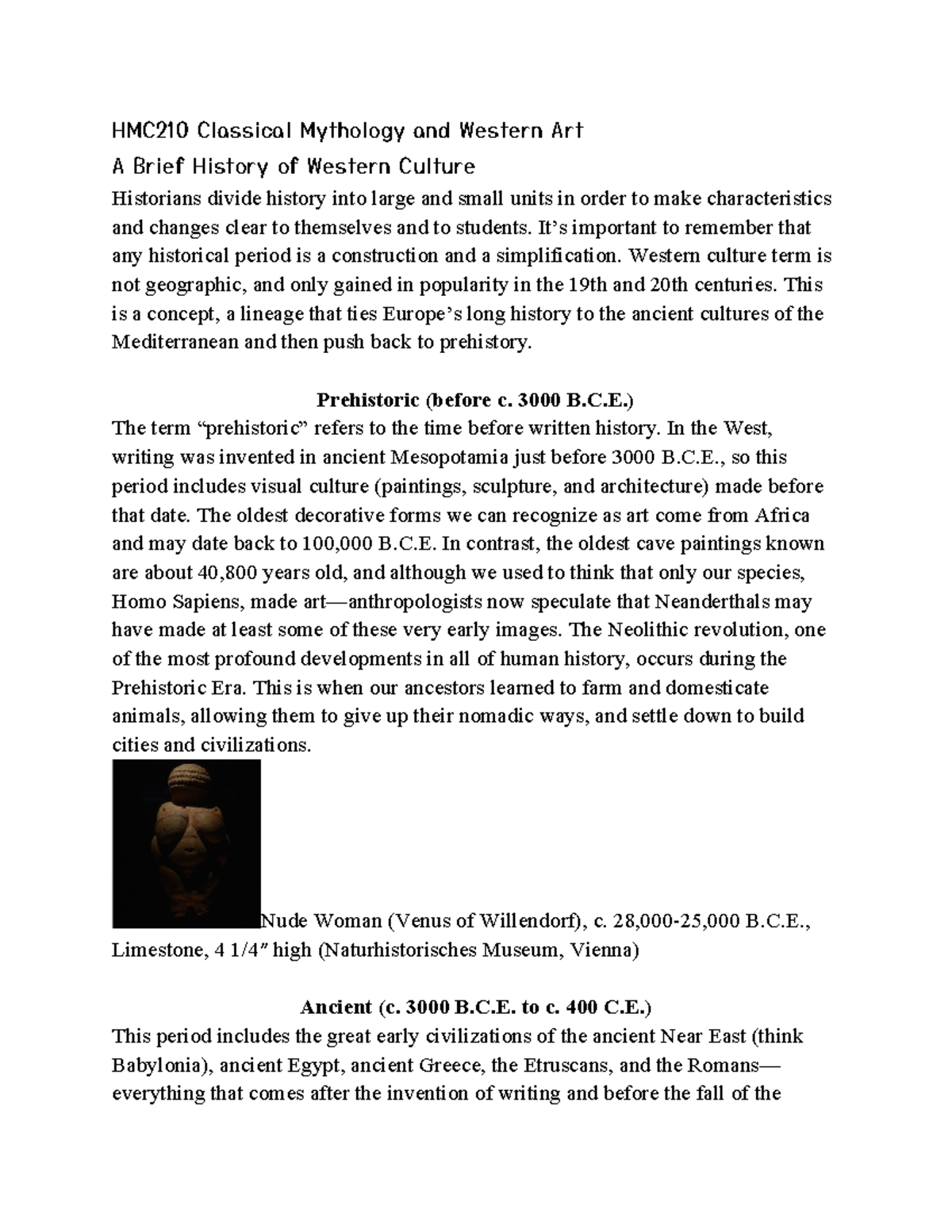 HMC210 Classical Mythology and Western Art A Brief History of Western ...