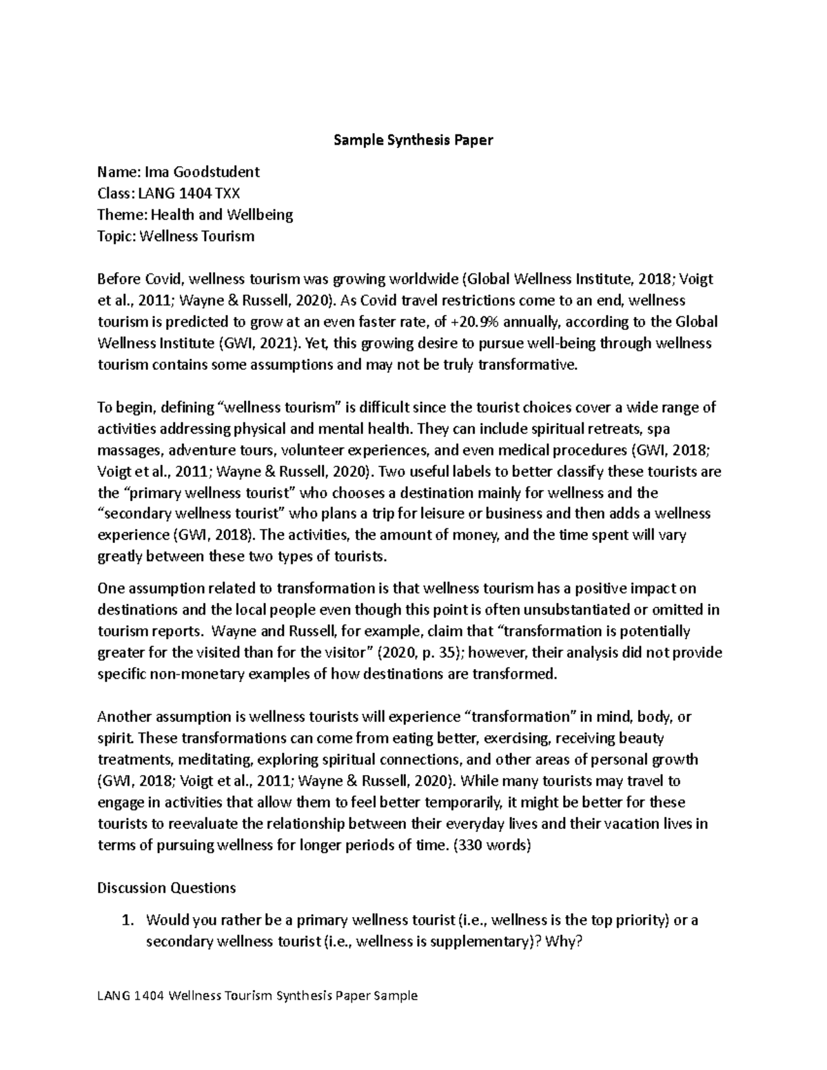 Wellness Tourism Synthesis Paper Sample - Sample Synthesis Paper Name ...