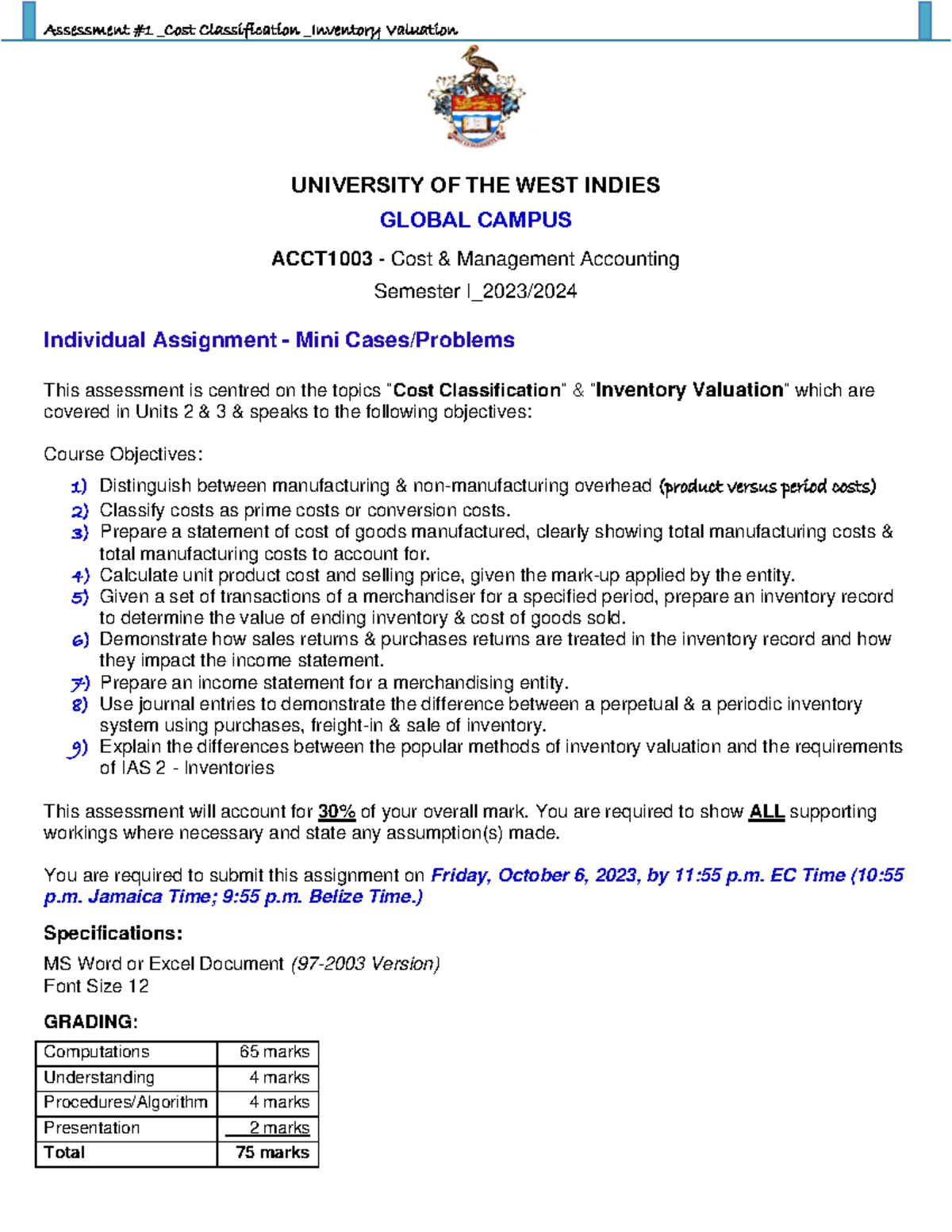 Assignment #1 Cost Classification Inventory Valuation - UNIVERSITY OF ...