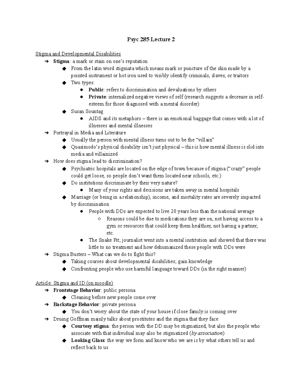 Psyc 285 L2 - lecture notes - Psyc 285 Lecture 2 Stigma and ...