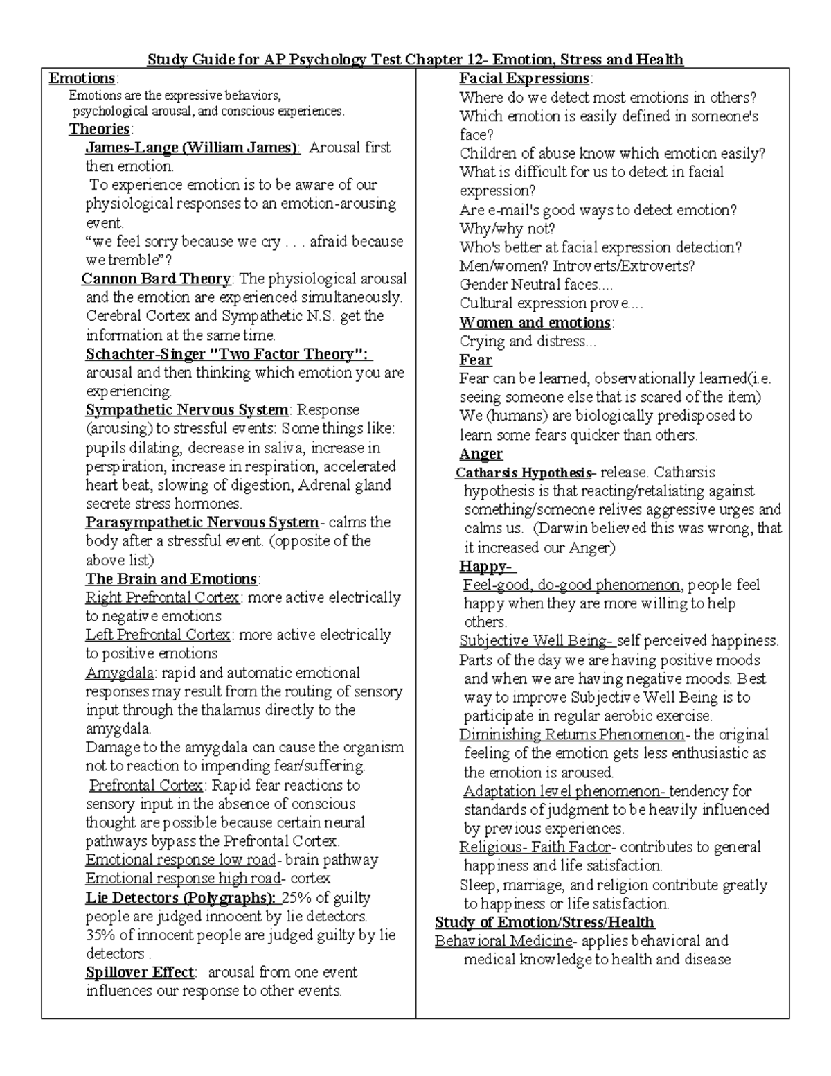 Study Guide for AP Psychology Test Chapter 12 teacher - Theories: James ...