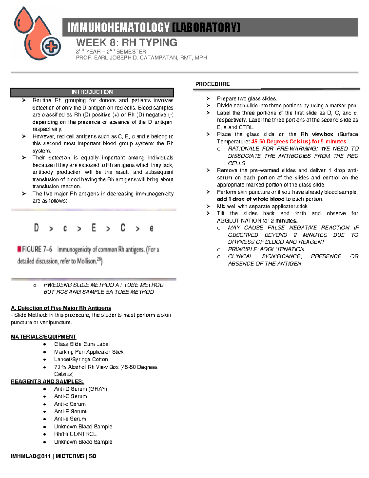 IMHM LAB WEEK 8 RH Typing - IMMUNOHEMATOLOGY (LABORATORY) WEEK 8 : RH TYPING 3 RD YEAR – 2 ND ...