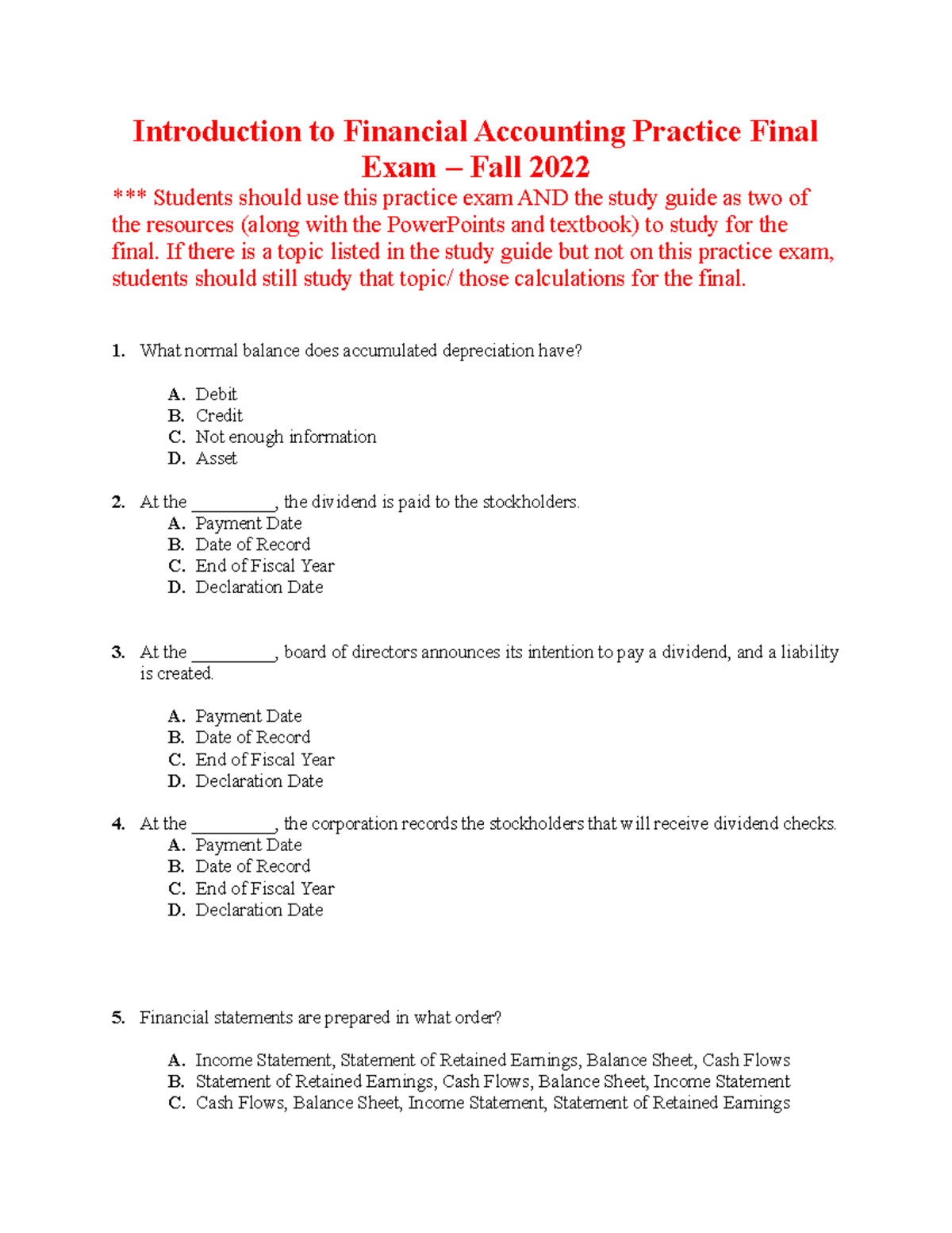 Final Exam Practice Exam - Introduction to Financial Accounting ...