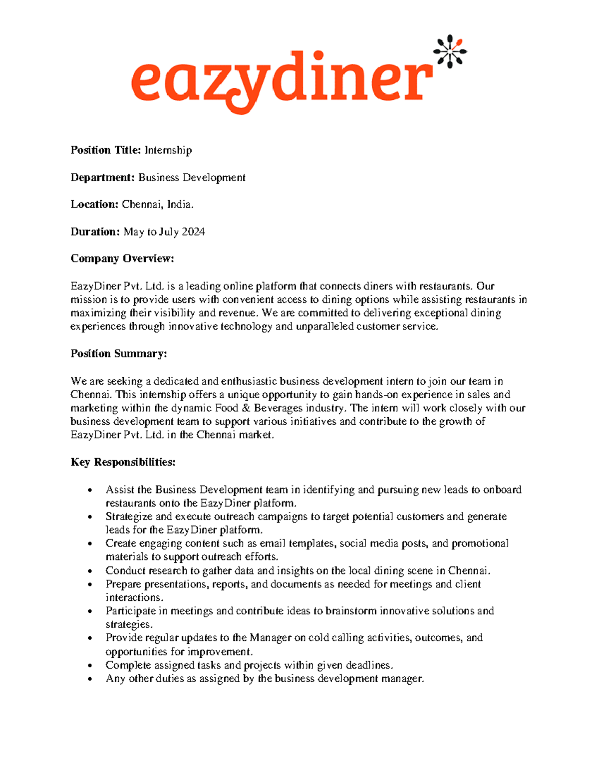 Eazy Diner - Intern JD - Position Title: Internship Department: Business Development Location ...