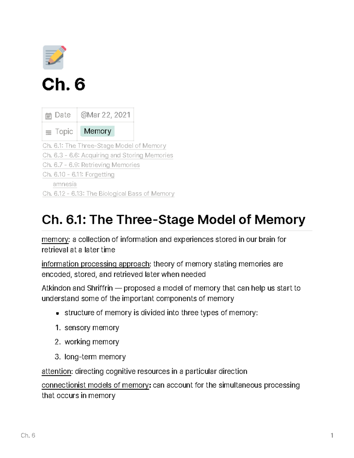 Lecture notes - Ch. 6 - 📝 Ch. 6 Date Topic Memory Ch. 6: The Three ...