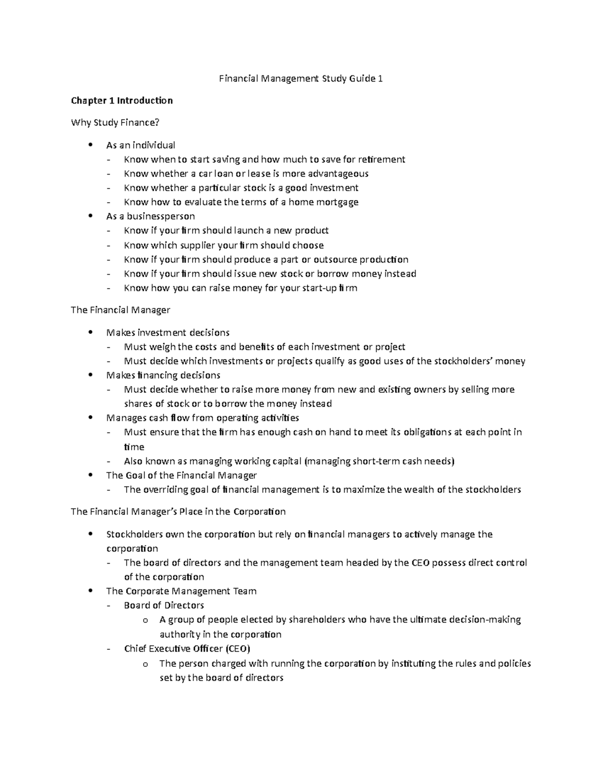 Financial Management Test 1 Review - Financial Management Study Guide 1 ...