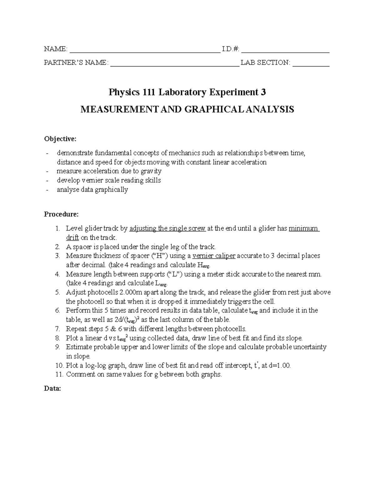 Physics 111 Laboratory Experiment 3 - NAME ...