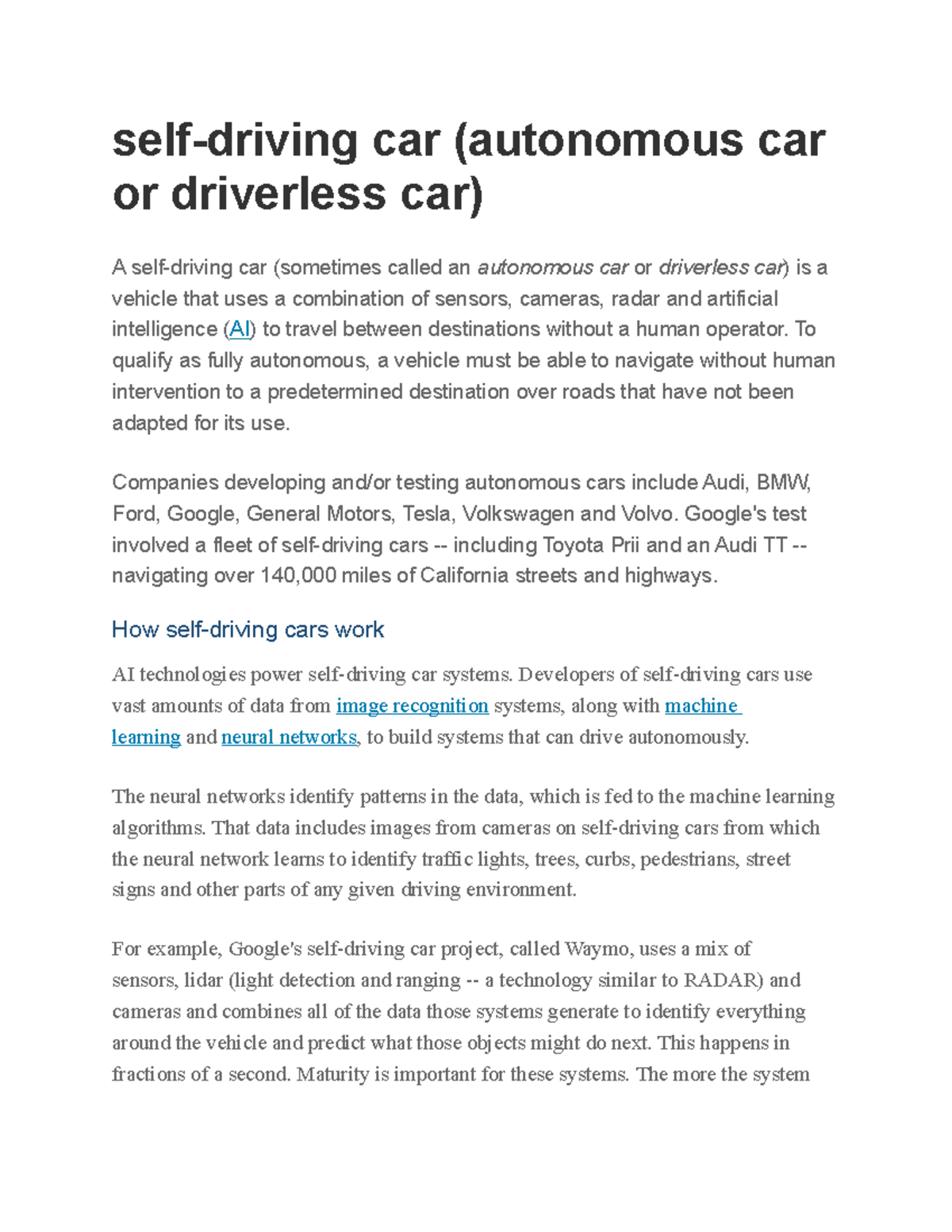 Artificial Intelligence - self-driving car (autonomous car or ...