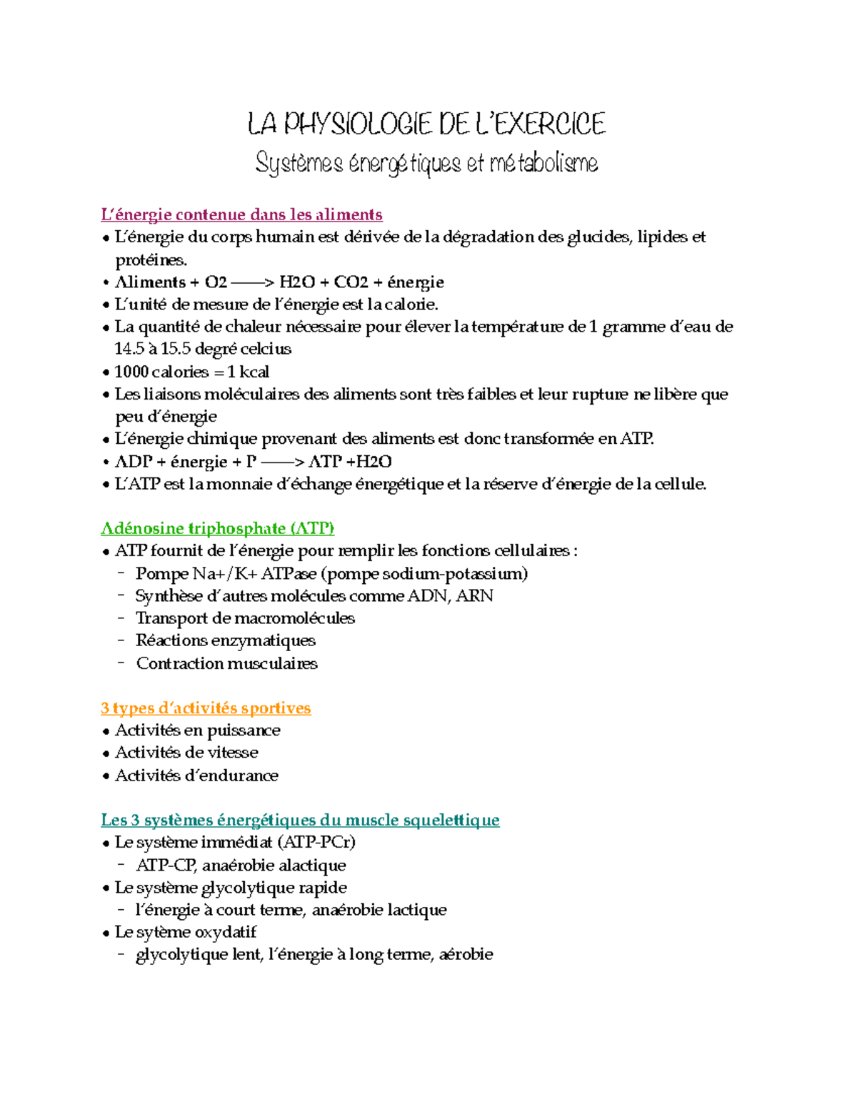 La physiologie de l'exercice - LA PHYSIOLOGIE DE L’EXERCICE Systèmes énergétiques et métabolisme ...