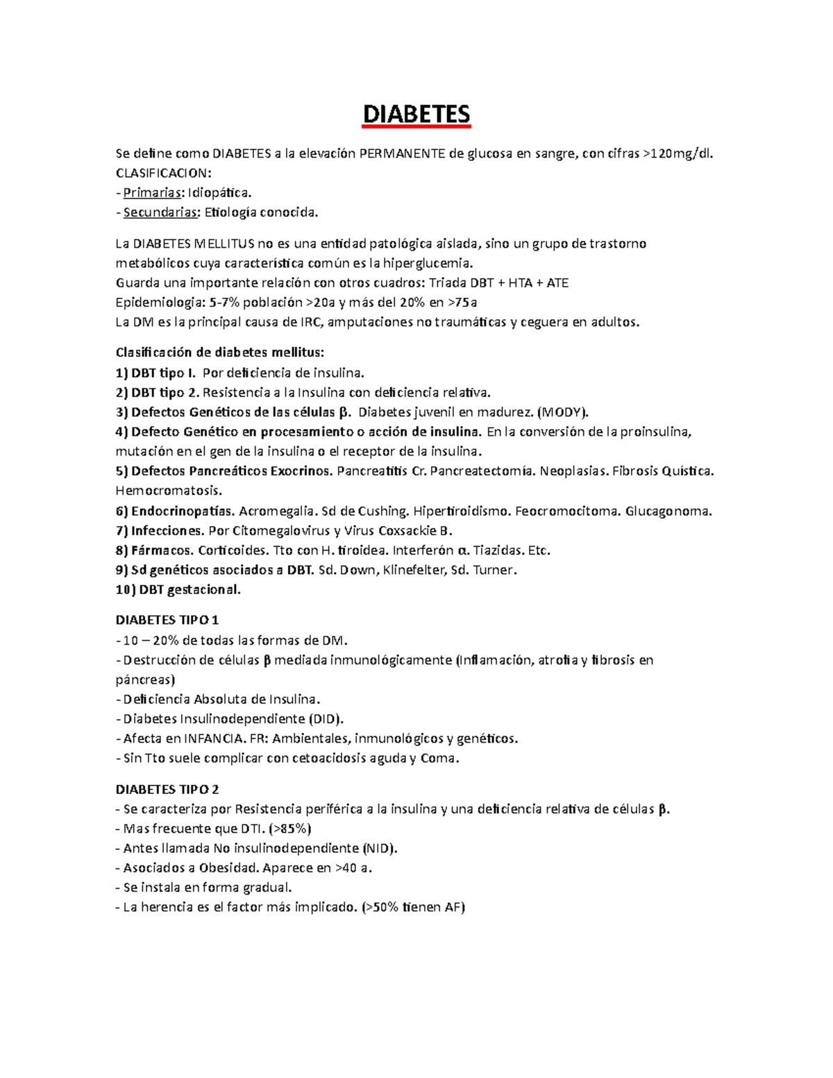 Diabetes - Resumen Anatomia patologica - DIABETES Se define como ...