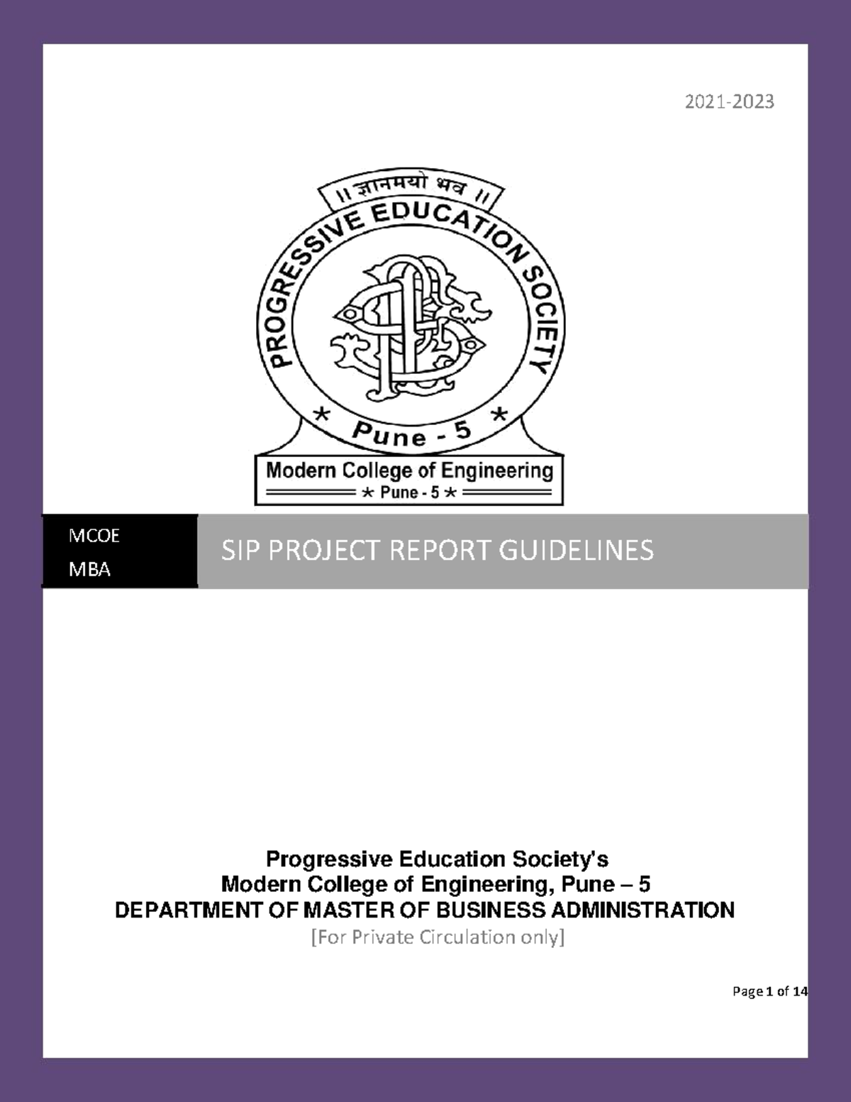 SIP Project Dept. Guidelines - 2021- 2023 MCOE MBA SIP PROJECT REPORT ...