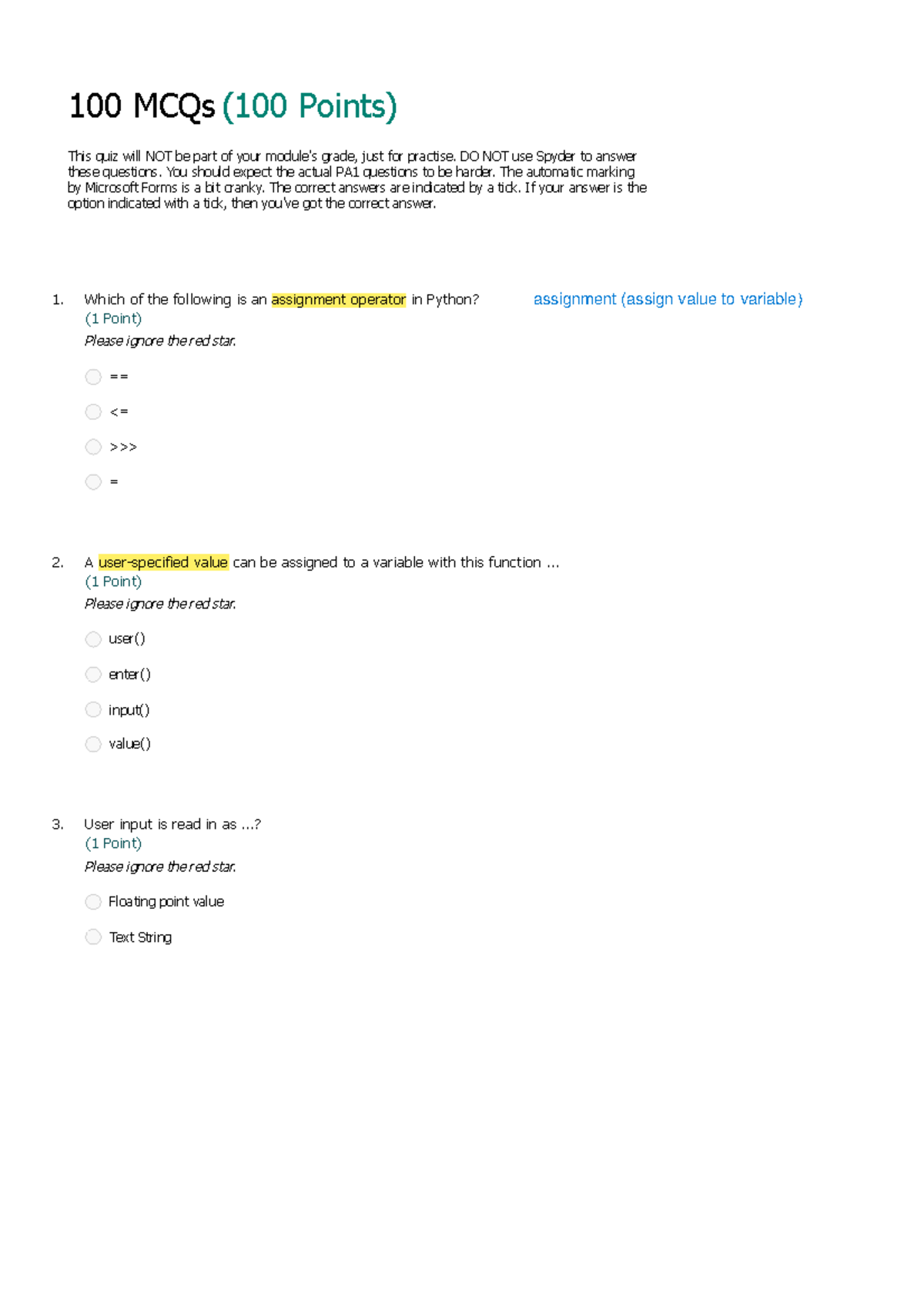 100MCQs[ 1211] - 100 MCQs (100 Points) This quiz will NOT be part of ...