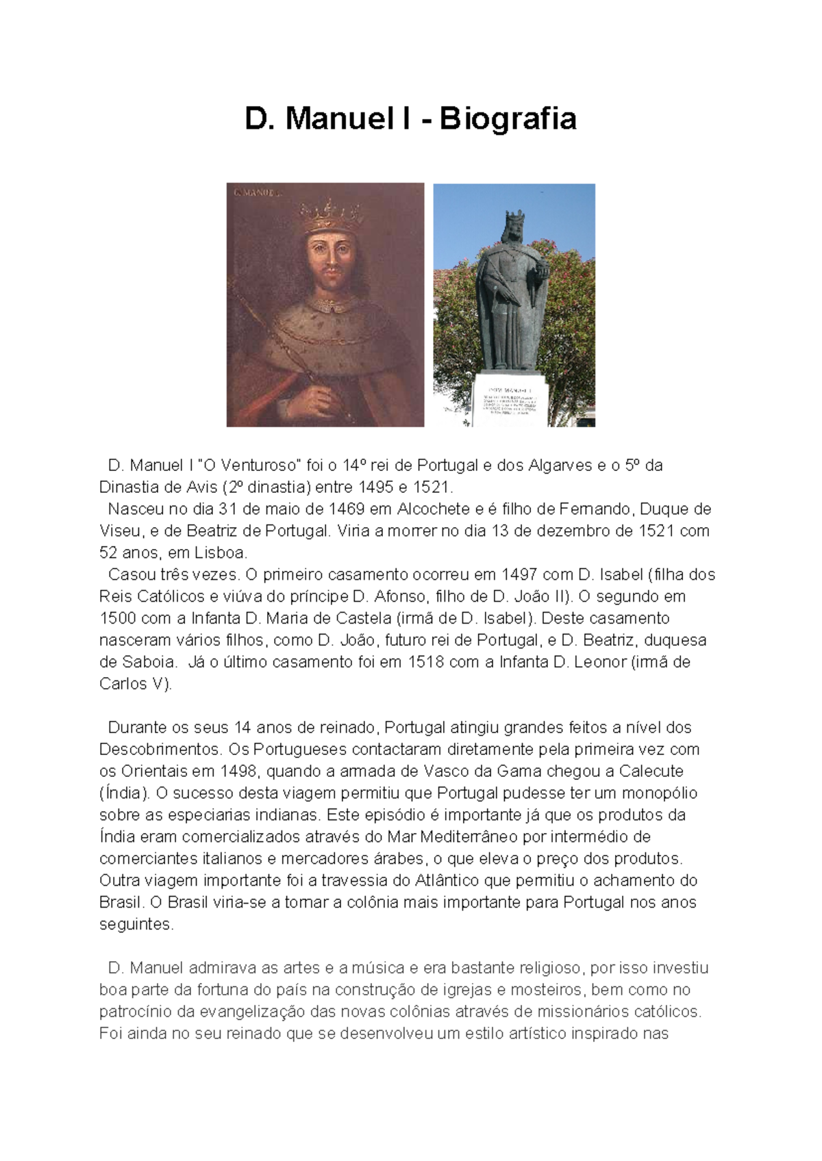 Biografia de D. Manuel I - D. Manuel I - Biografia D. Manuel I “O ...
