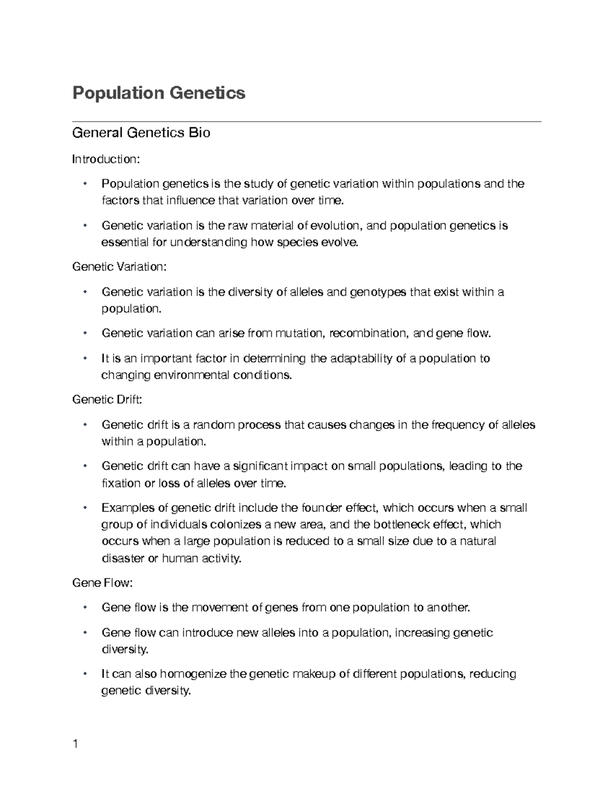Population Genetics Notes - Population Genetics General Genetics Bio ...