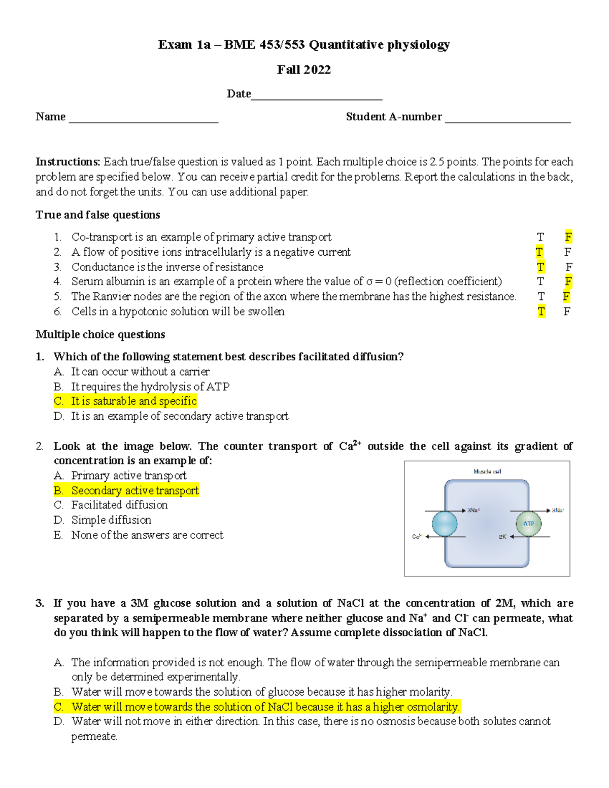 Exam 1a solutions - Exam 1a – BME 453/553 Quantitative physiology Fall 2022 - Studocu