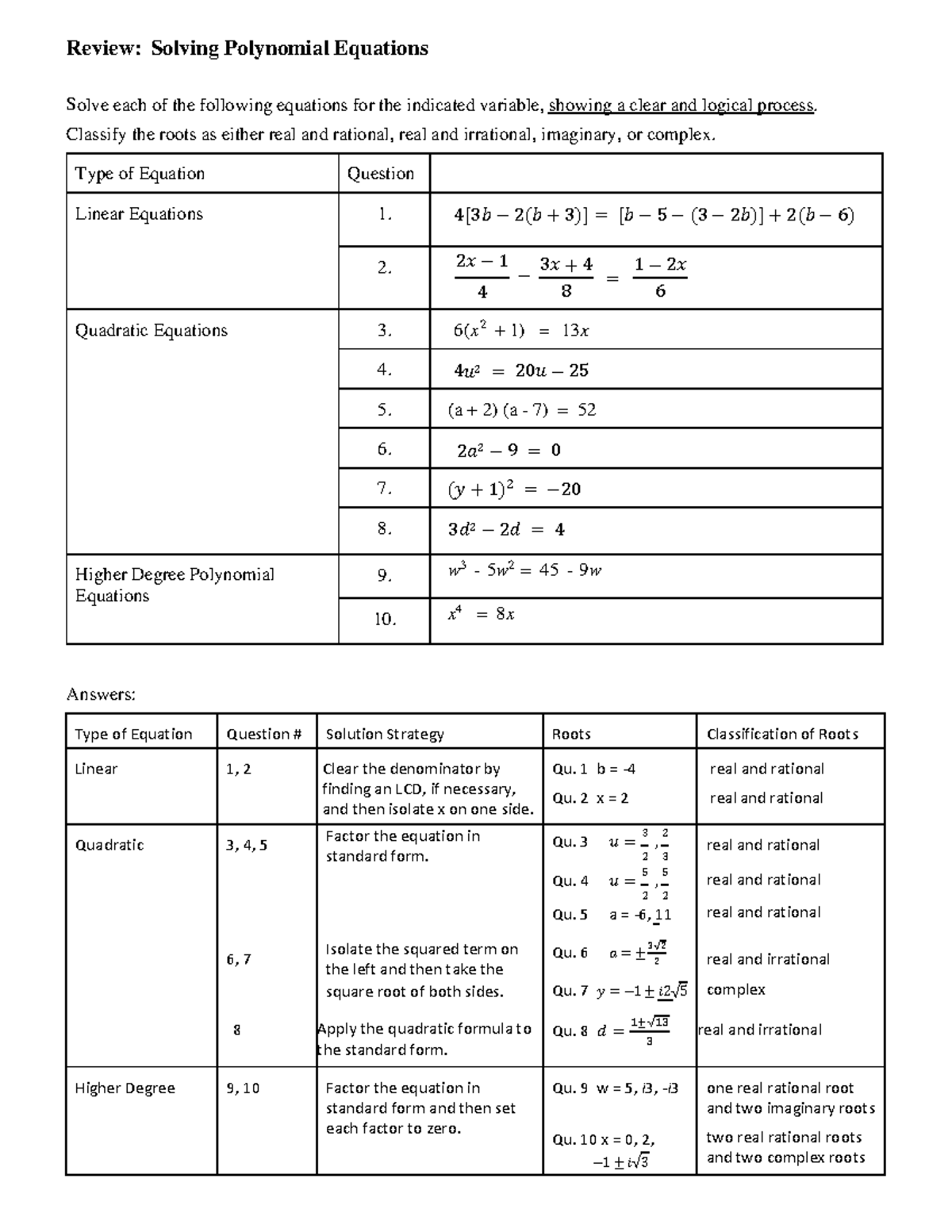 Algebra Review 3 of Solving Equations - Review: Solving Polynomial ...