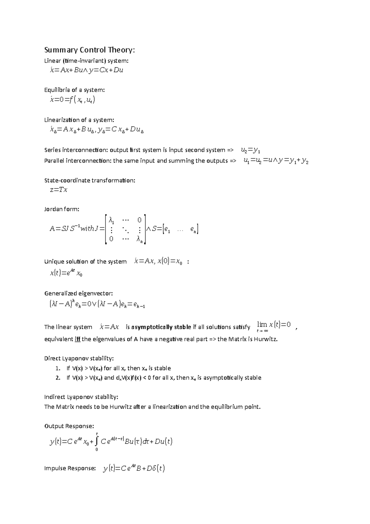 Summary Control Theory - Summary Control Theory: Linear (time-invariant ...