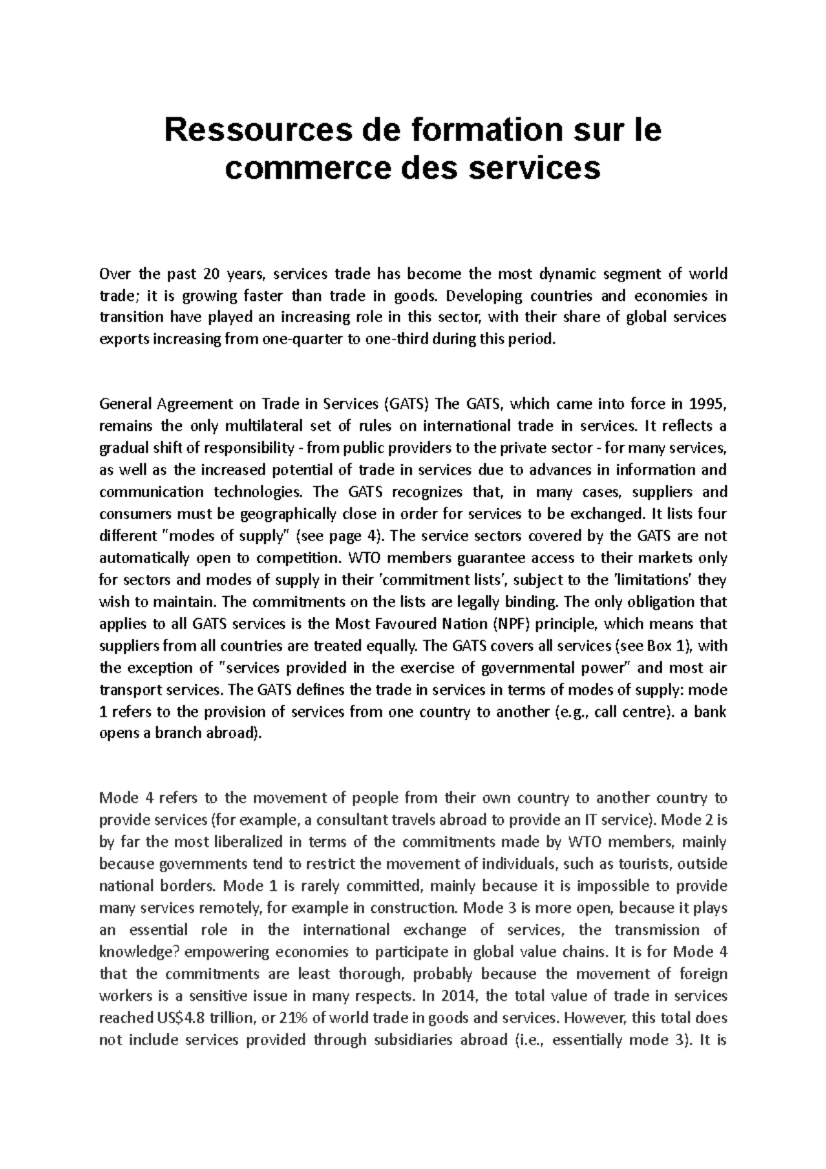 Ressources de formation sur le commerce des service - Ressources de ...