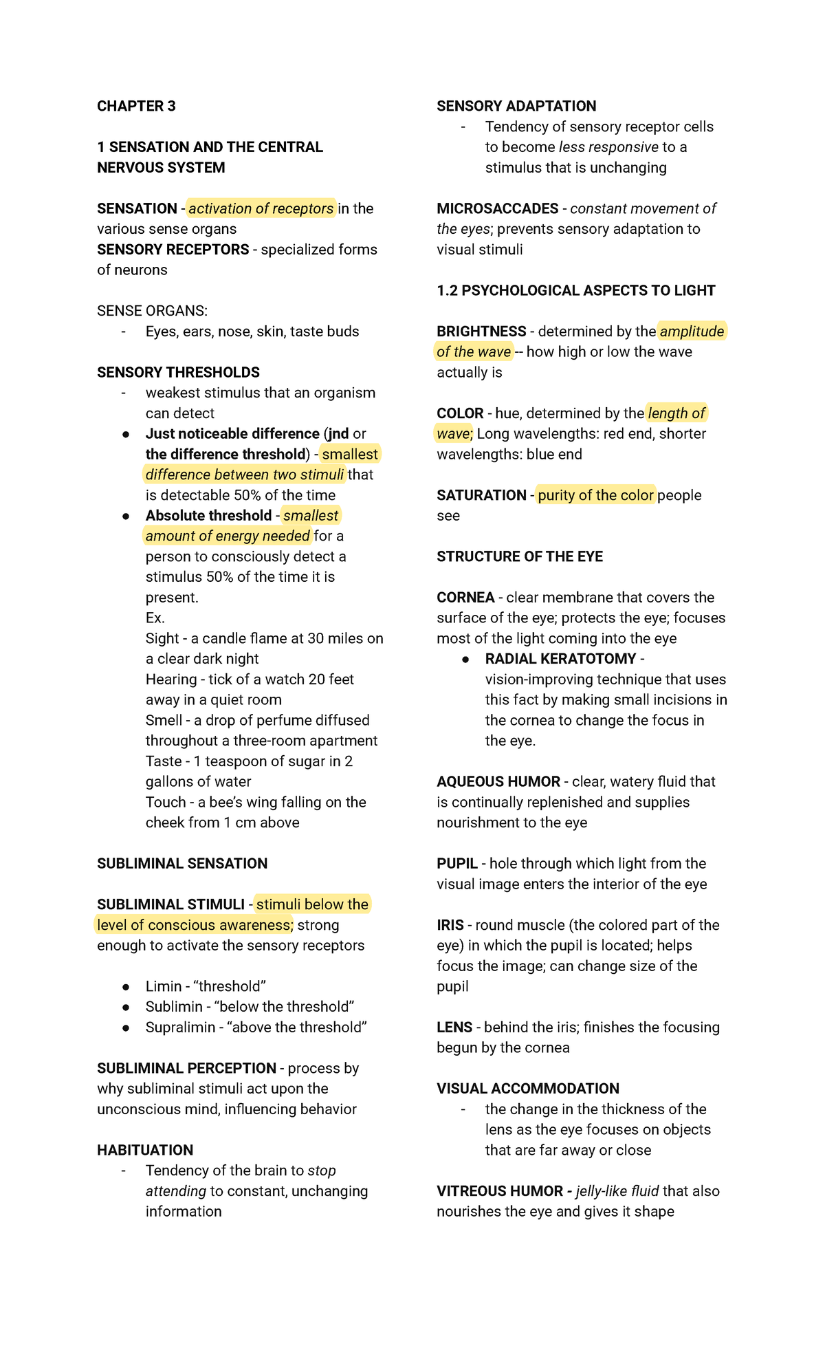 Intro to Psychology - Chapter 3 Notes - Sensation and Nervous system to ...