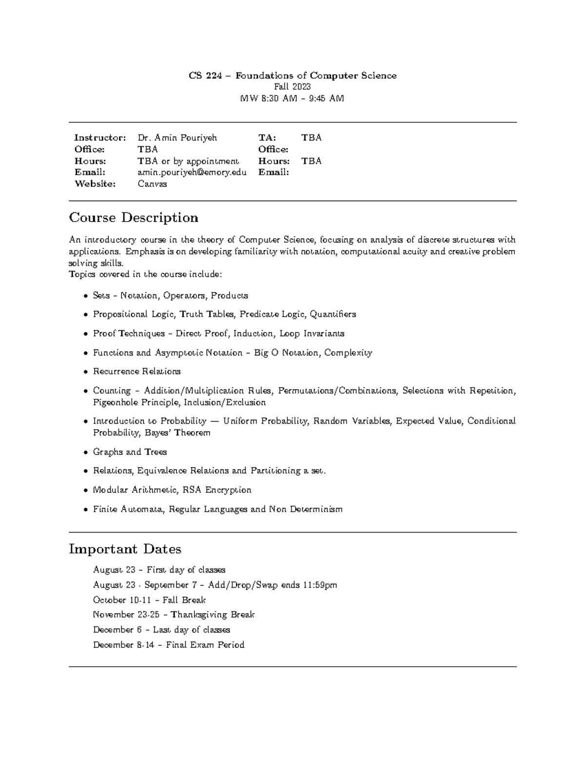 Cs224 Fall 2023 Syllabus Cs 224 Foundations Of Computer Science Fall 2023 Mw 830 Am 945