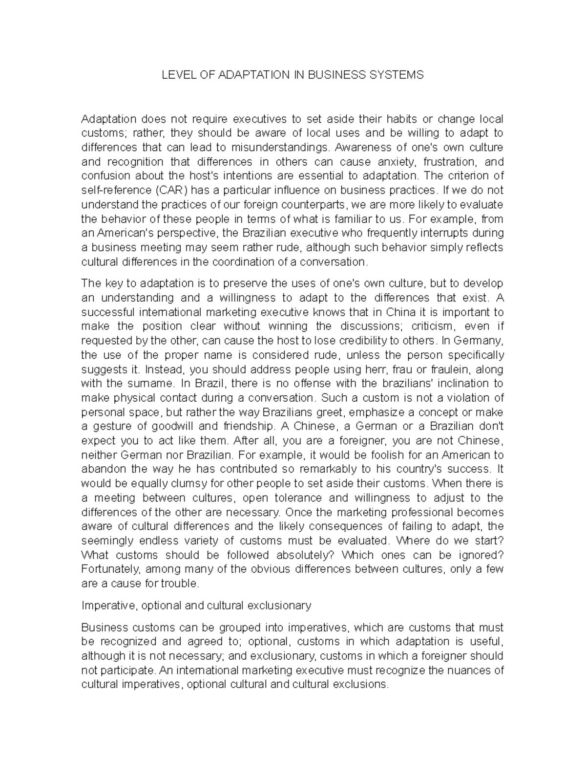 LEVEL OF ADAPTATION IN BUSINESS SYSTEMS - LEVEL OF ADAPTATION IN ...