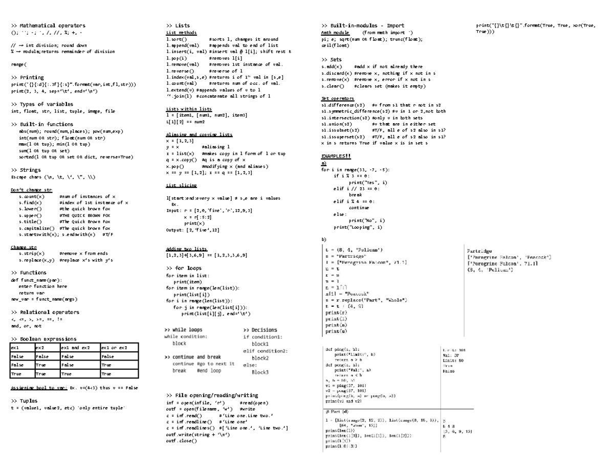 Crib Sheet Comp Sci Exam 2 - >> Mathematical operators ...