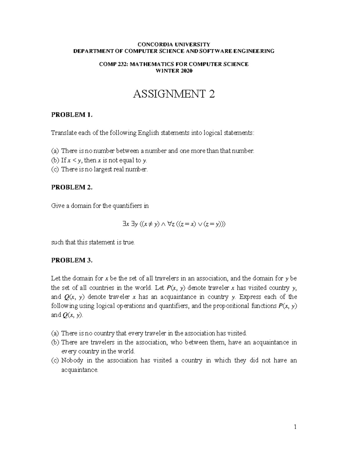 A2 - 1 CONCORDIA UNIVERSITY DEPARTMENT OF COMPUTER SCIENCE AND SOFTWARE ENGINEERING COMP 232 ...