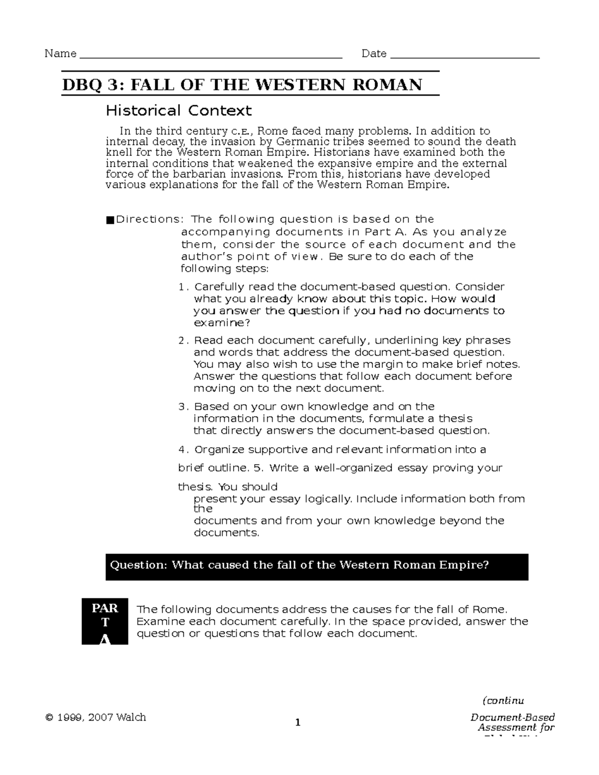Dbqqqqqq - geo - Name Date DBQ 3: FALL OF THE WESTERN ROMAN EMPIRE ...