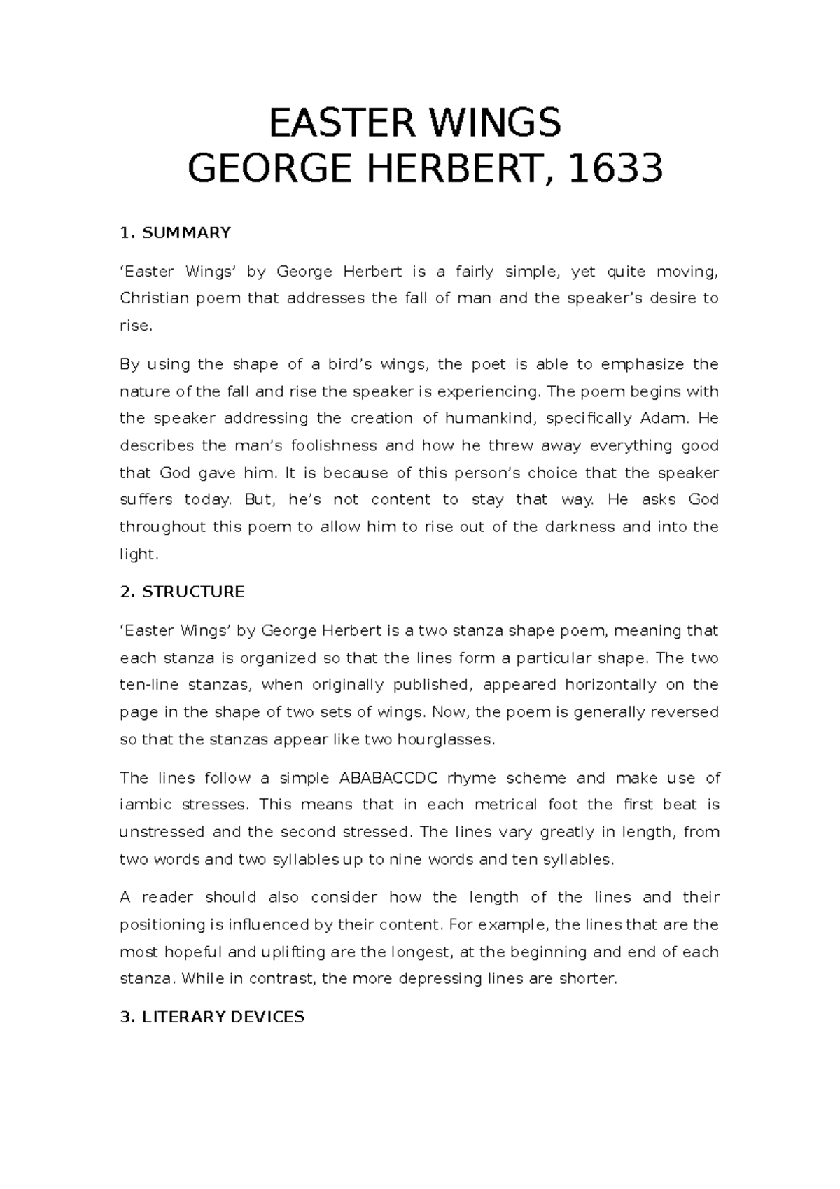 Easter Wings - resúmenes de algunas obras que entran para el examen de ...