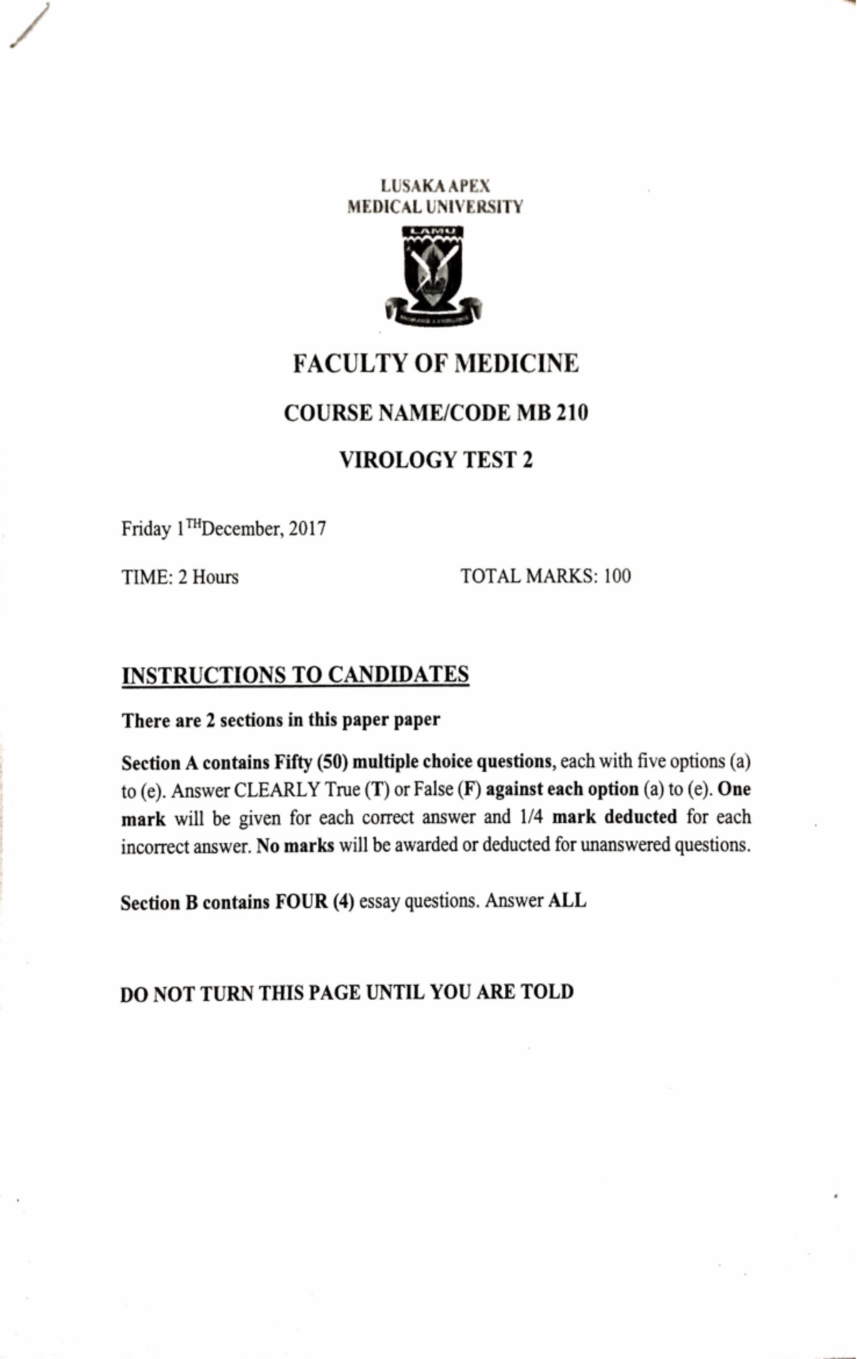 2017 virology test 2 - Test 2 - LUSAKA APEX MEDICAL UNIVERSITY FACULTY ...