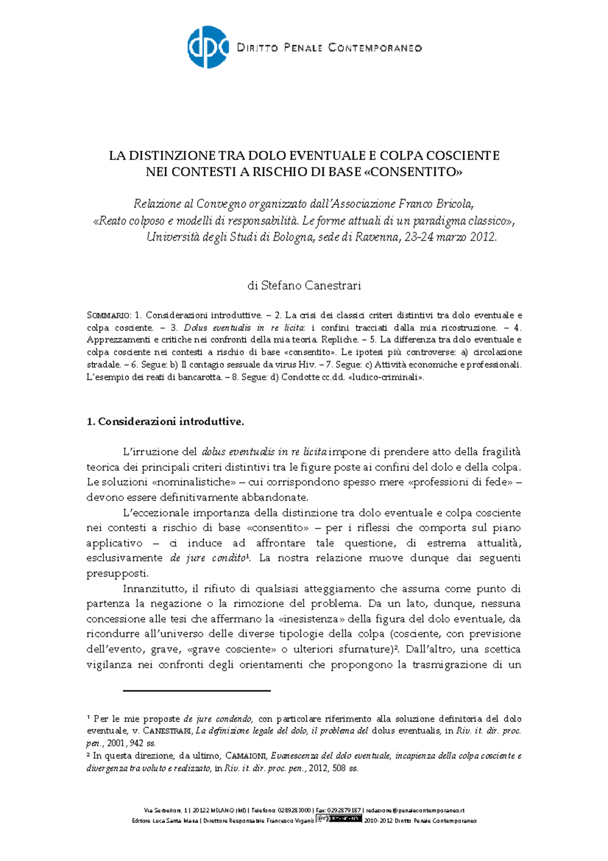 Canestrari - Dolo eventuale e colpa cosciente - Via Serbelloni, 1 ...
