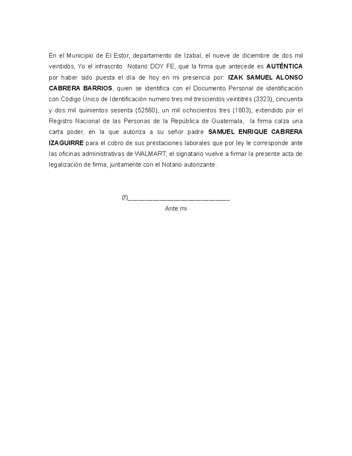 ACTA DE Legalizacion DE Firma Samuel Cabrera - En el Municipio de El ...