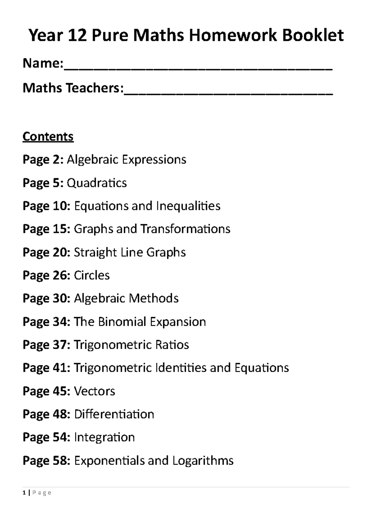 Y12 pure maths homework booklet - Year 12 Pure Maths Homework Booklet ...