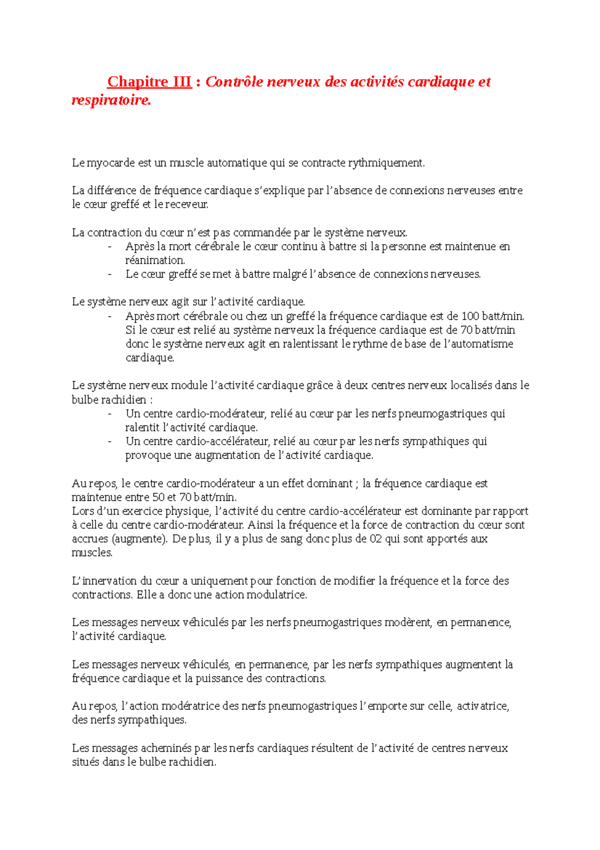 Le contrôle nerveux du système cardiaque et respiratoire - Chapitre III ...