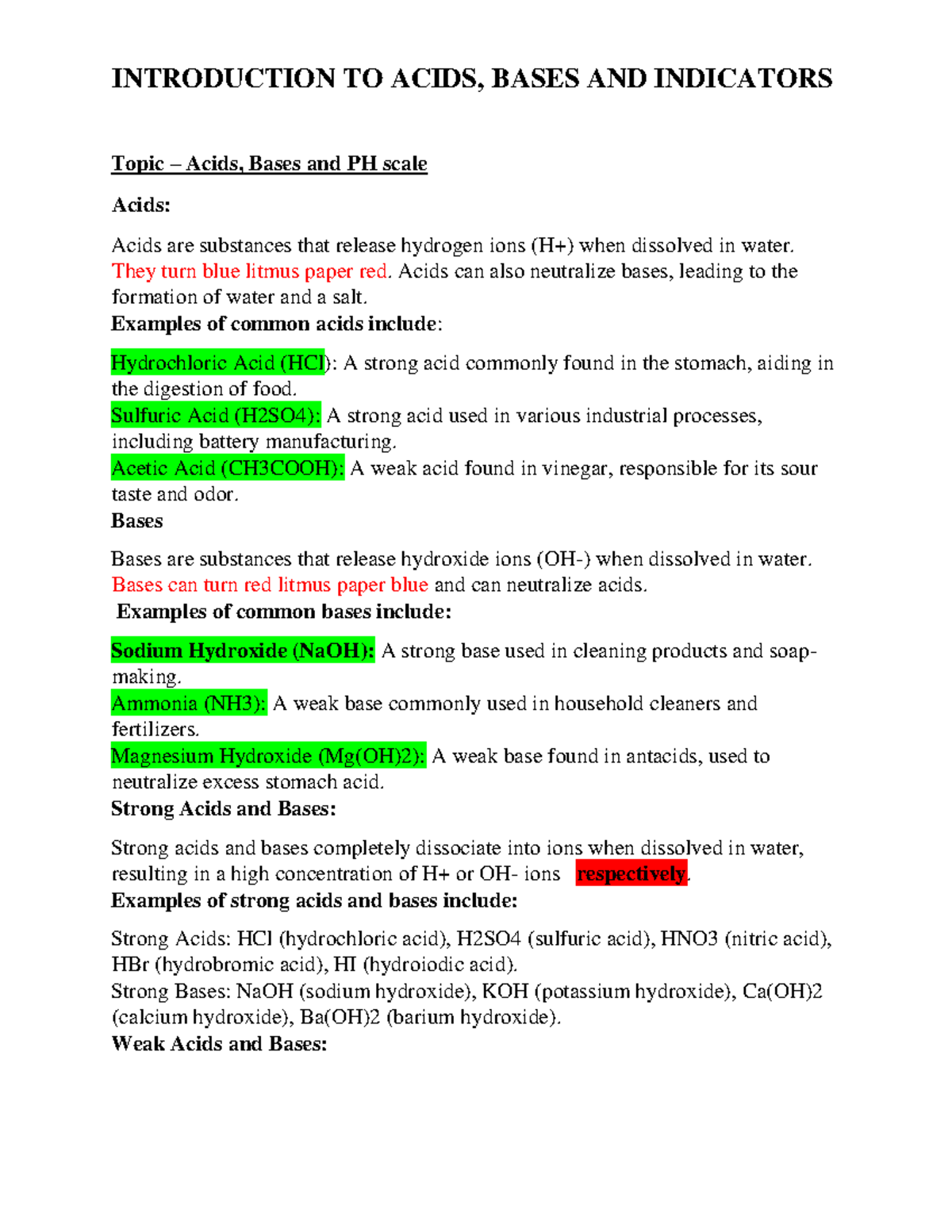 Introduction TO Acids, Bases AND Indicators - INTRODUCTION TO ACIDS ...