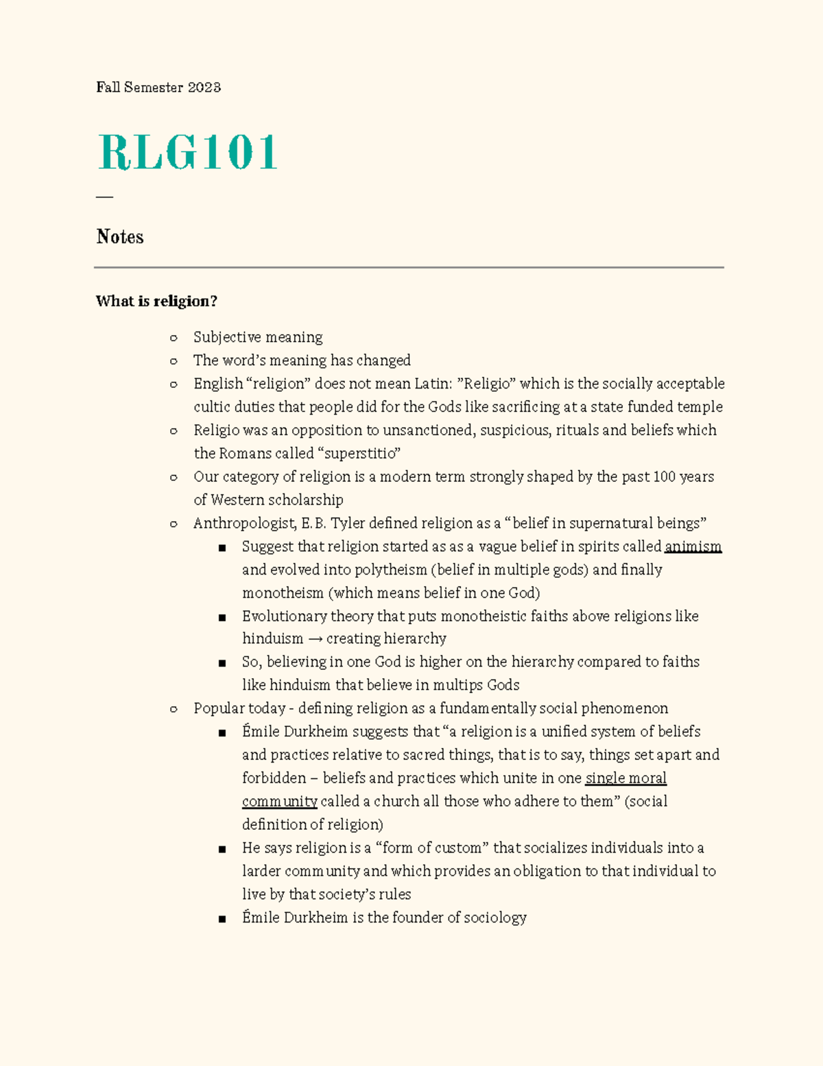 RLG101 notes - Fall Semester 2023 RLG ___ Notes What is religion ...