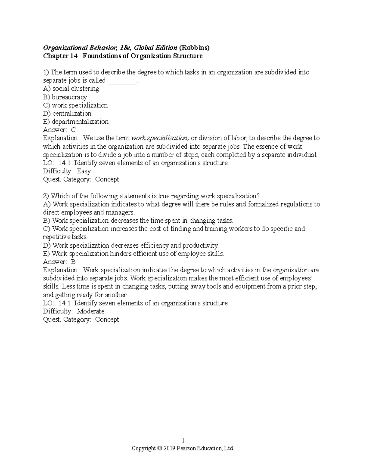 Chapter 14 - Organizational Behavior 18th edition Test Bank Pearson ...