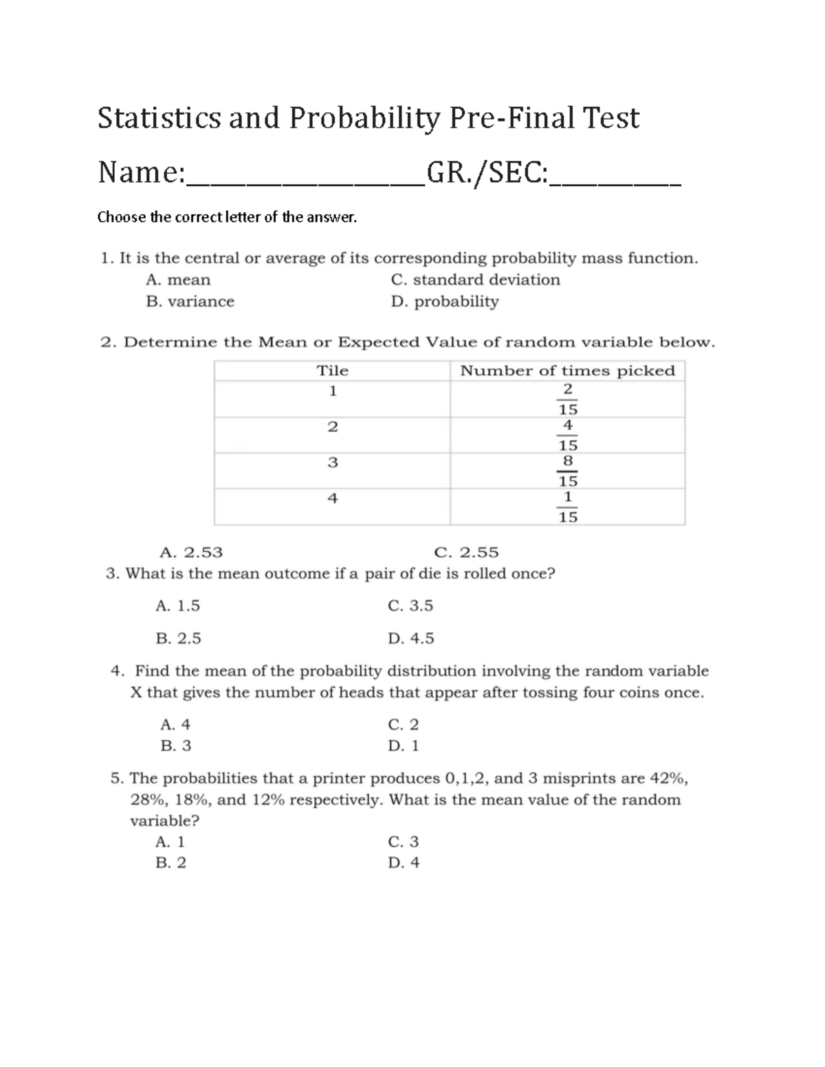 Pre final exam in Stats and Prob - secondary mathematics - Statistics ...
