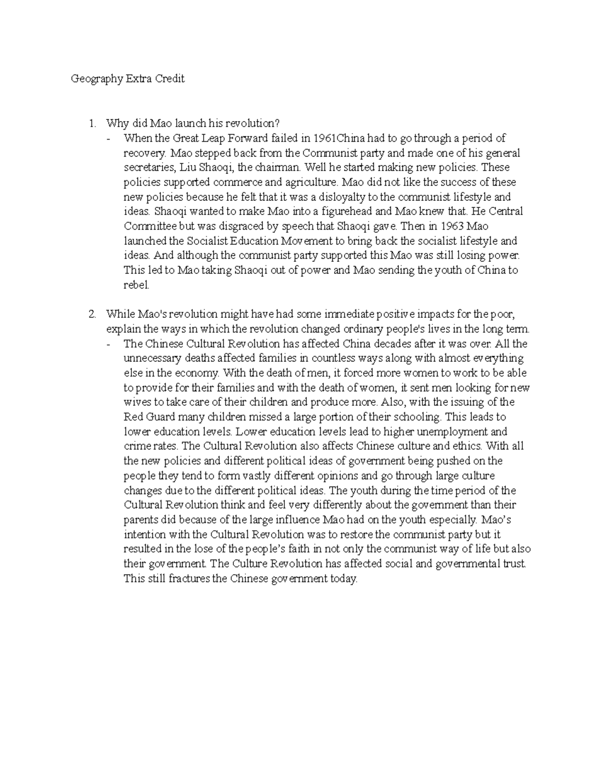 Extra Credit over Cultural Revolution - Geography Extra Credit Why did ...