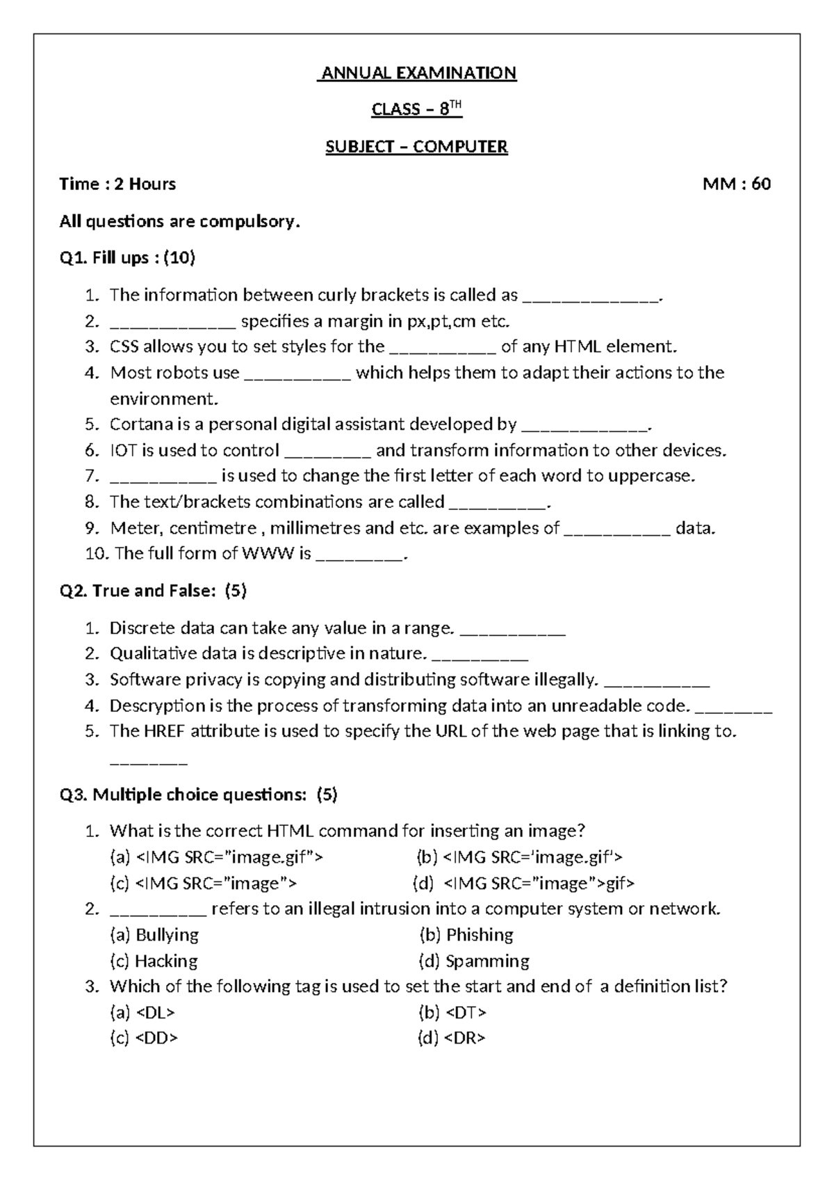 Annual Examination class 8th comp - ANNUAL EXAMINATION CLASS – 8 TH ...