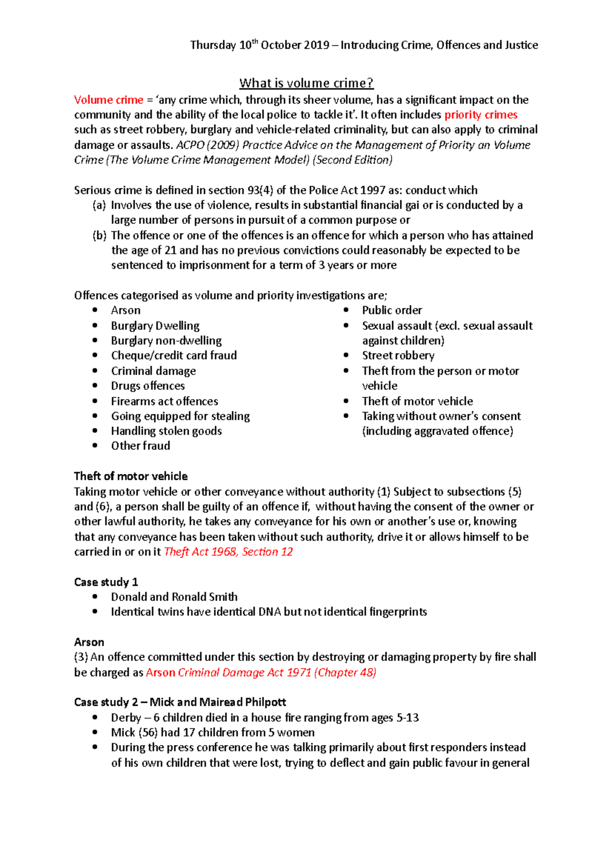 Volume crime 10 10 19 - includes key information for assessments ...