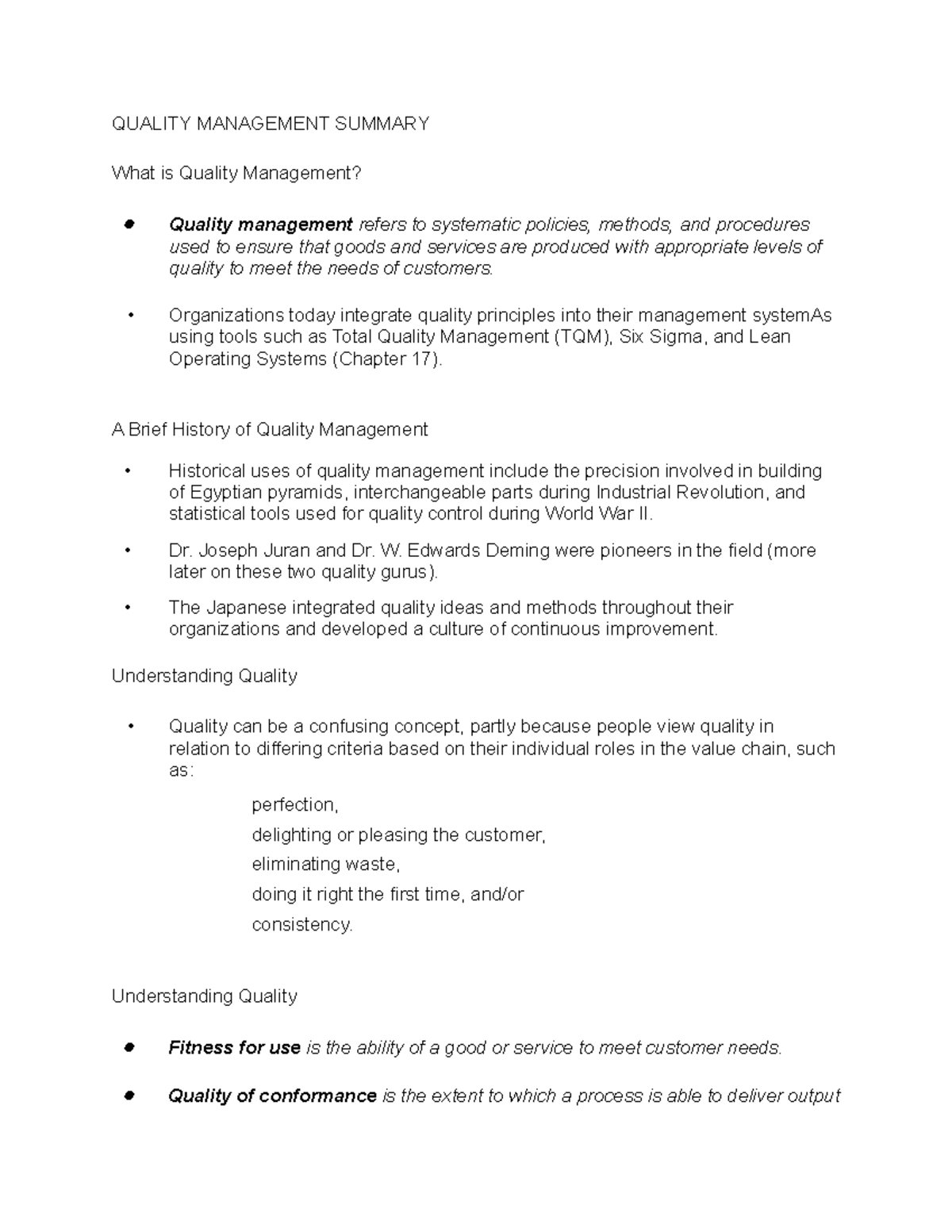Quality Management Summary - QUALITY MANAGEMENT SUMMARY What is Quality ...