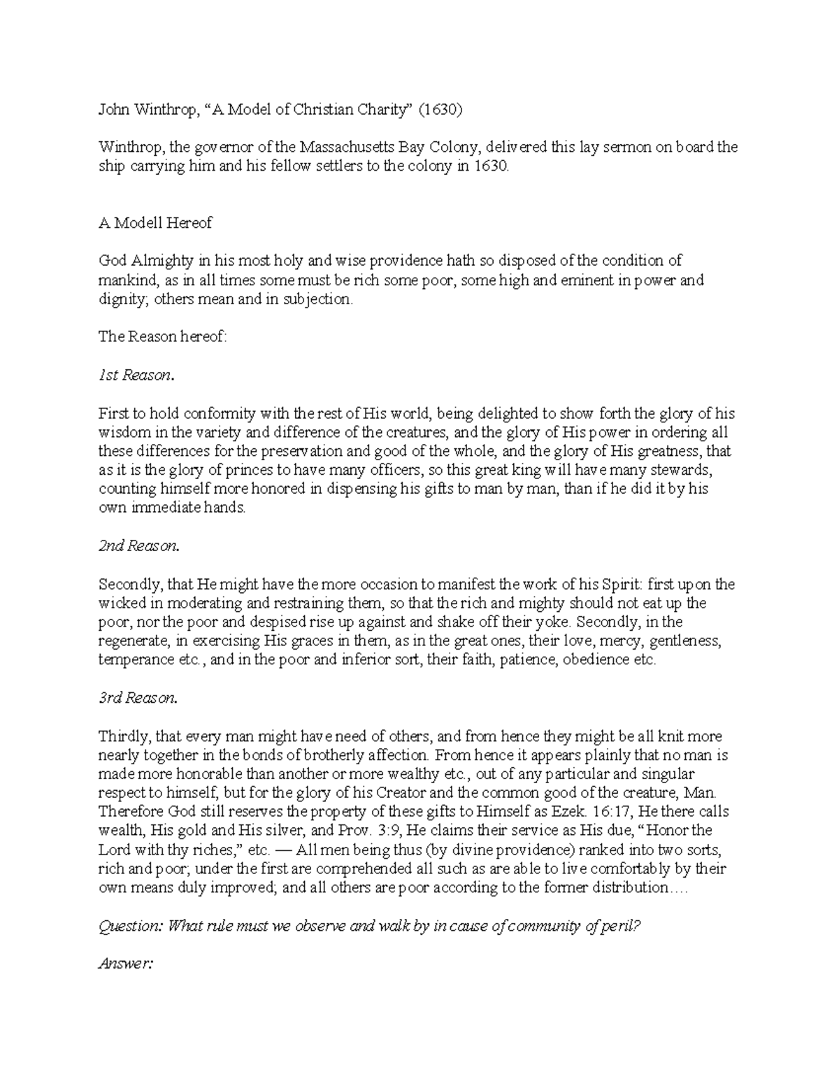Winthrop Model of Christian Charity - John Winthrop, “A Model of ...