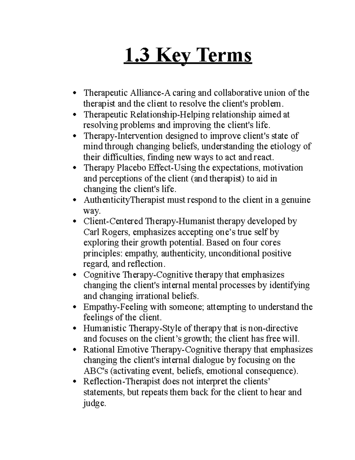 1.3 Key Terms - Psychology - 1 Key Terms Therapeutic Alliance-A caring ...