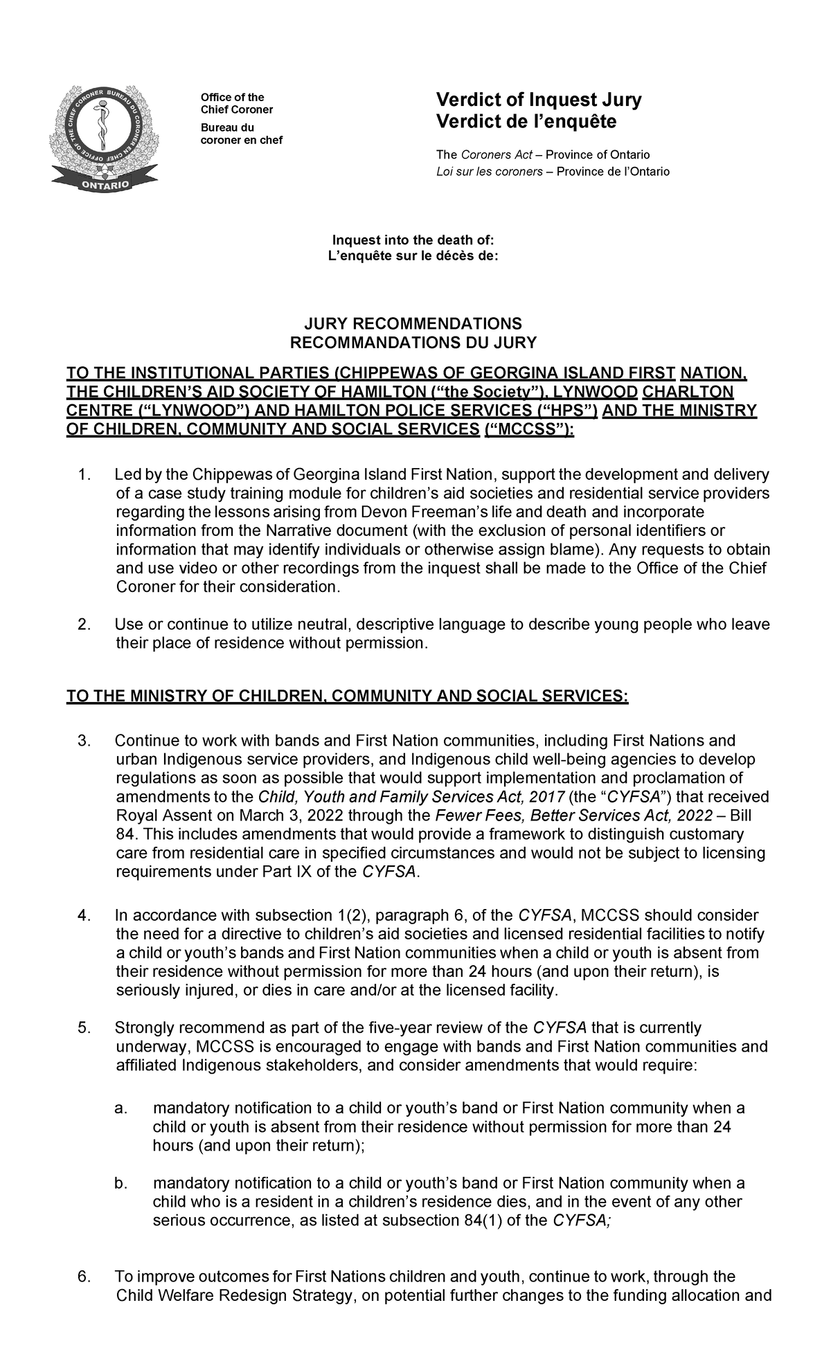 Verdict of Inquest - Freeman - Office of the Chief Coroner Bureau du ...