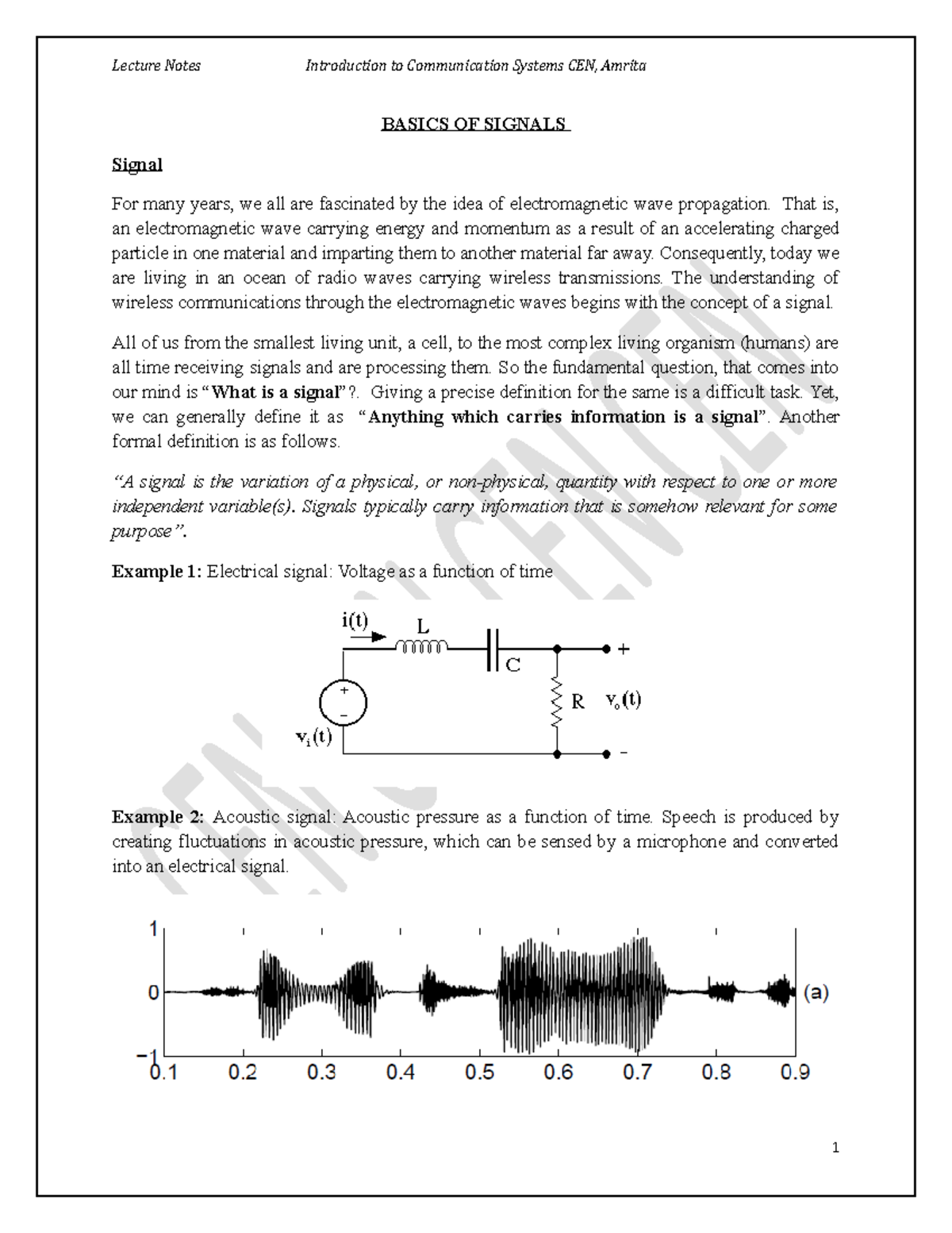Lecture 1 notes Signals - BASICS OF SIGNALS Signal For many years, we ...