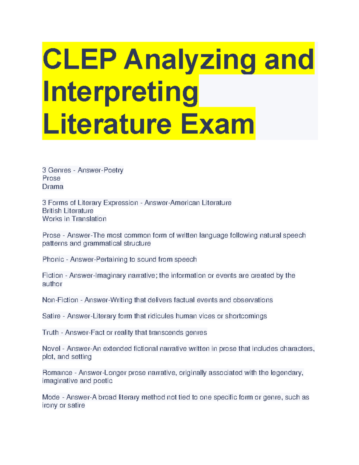 CLEP Analyzing and Interpreting Literature Exam - CLEP Analyzing and ...