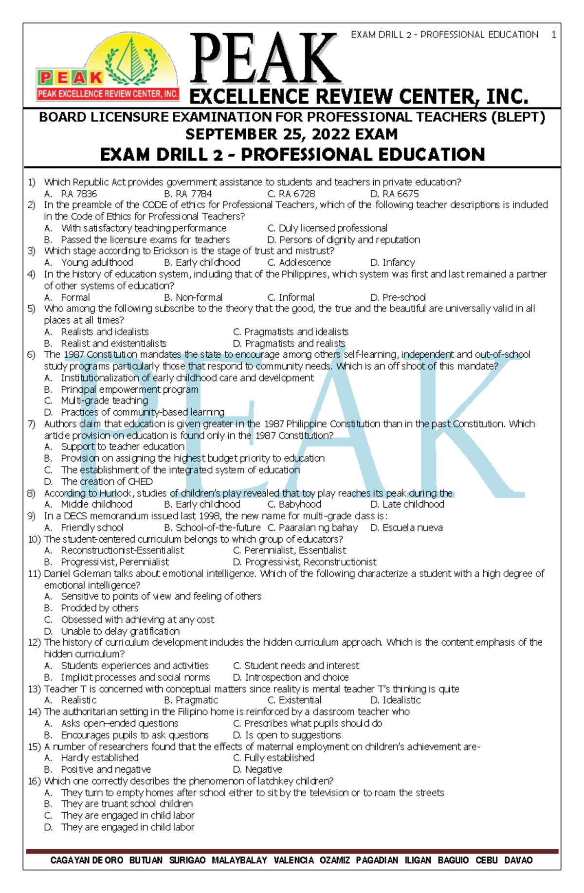 Blept EXAM Drill 2 Profeduc Q only 150 Sept 2022 Exam - EXCELLENCE ...